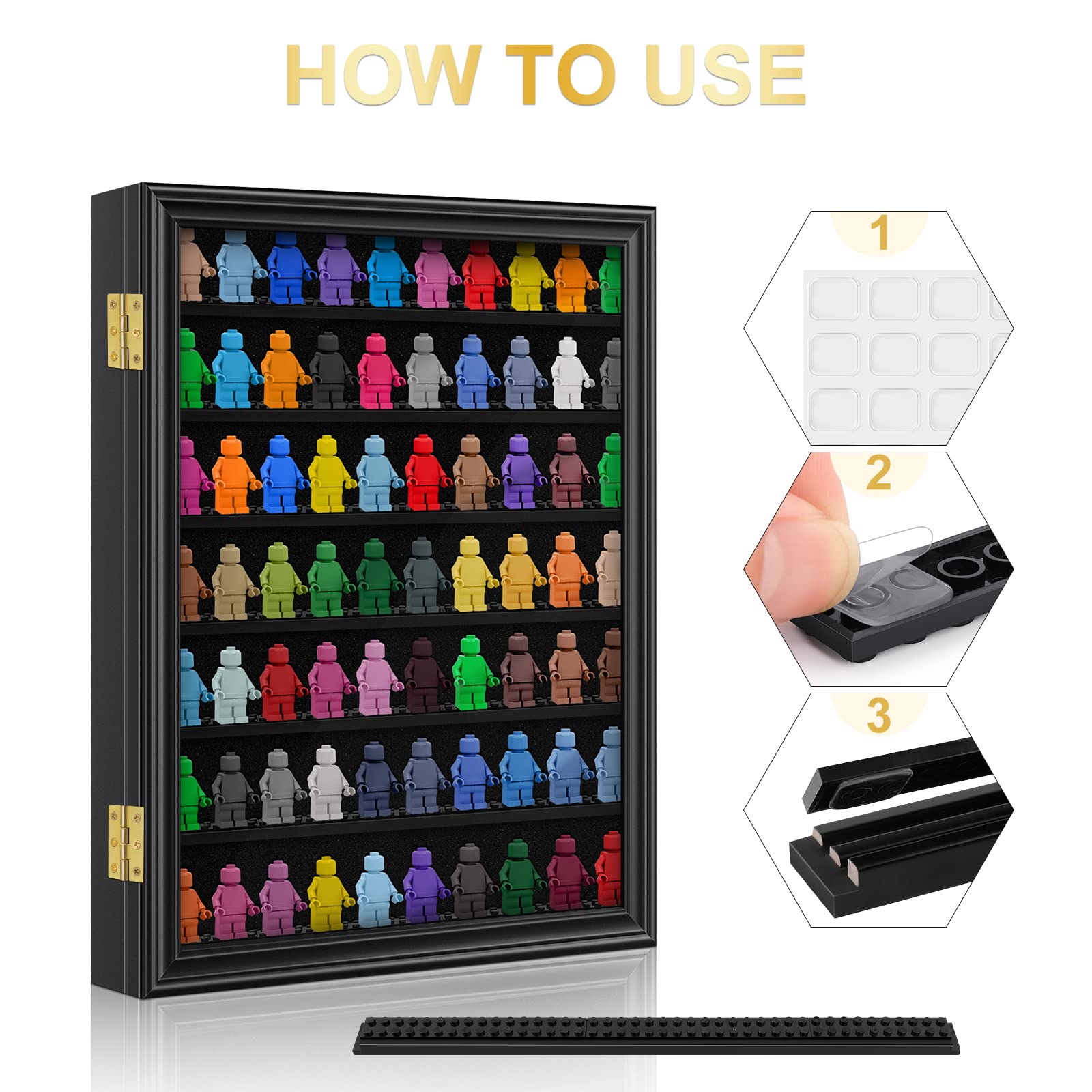 Mlikero Minifigure Display Case, 7 Rows Display Cases for Collectibles Wall Mount with 98% UV Protection Acrylic Door Clear View for Small Objects Lockable Large Black