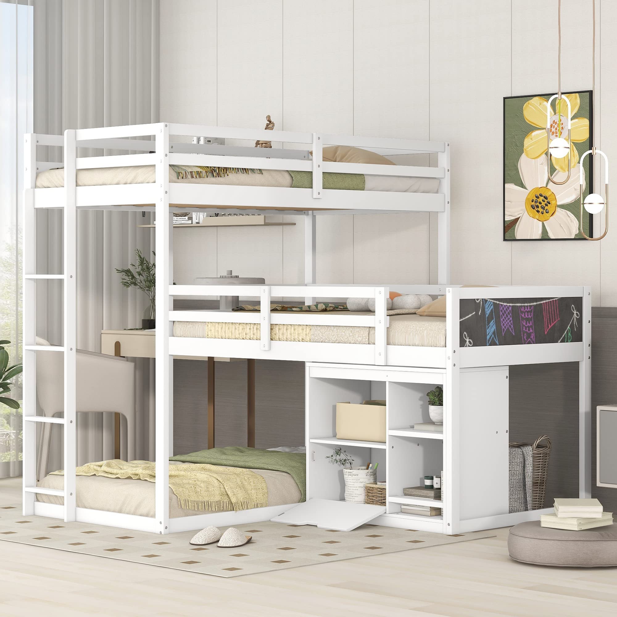 Harper & Bright Designs Bunk Beds Twin Over Twin Over Twin Size, Triple Bunk Beds Low Profile for Kids White
