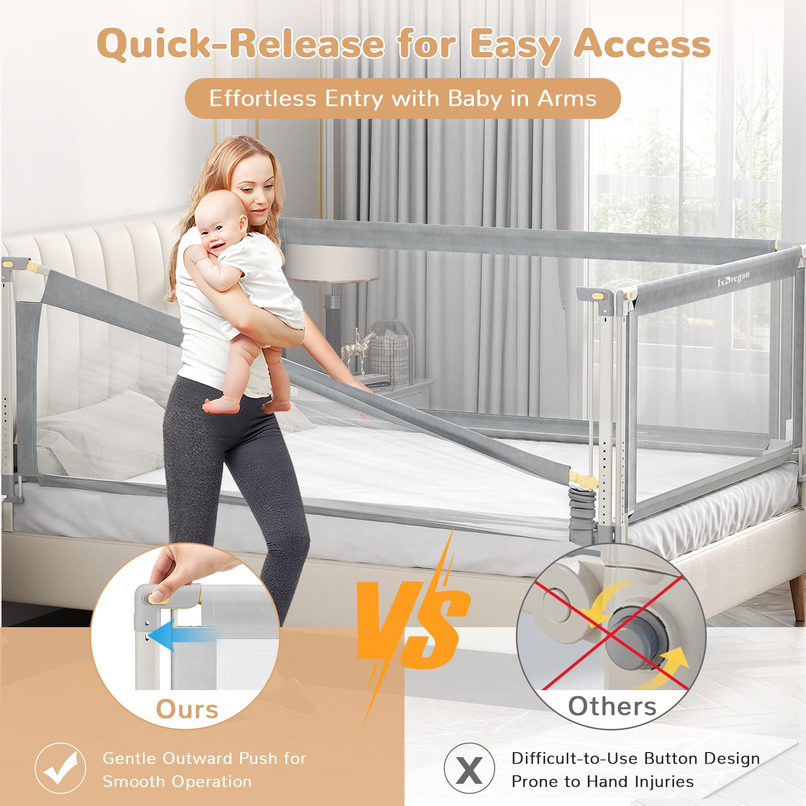 Ixdregan Bed Rail for Toddlers - 2023 SafePlus Toddler Bed Rail with Adjustable Height, Independent Lift Baby Bed Rail Guard, CompatMax Bed Rails for King Full Twin Queen Bed (74.8",Gray,1 Piece)