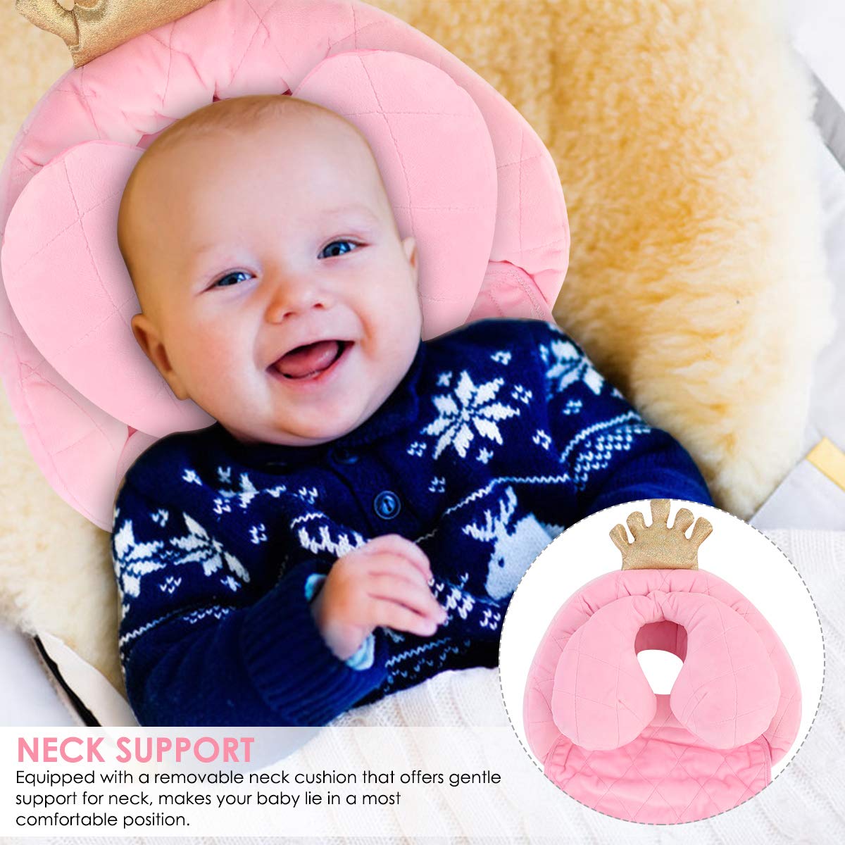 Infant Baby Head Support Pillow, Pink White Royal Princess, Toddler Breathable Head Neck and Body Support for Car Seats and Strollers