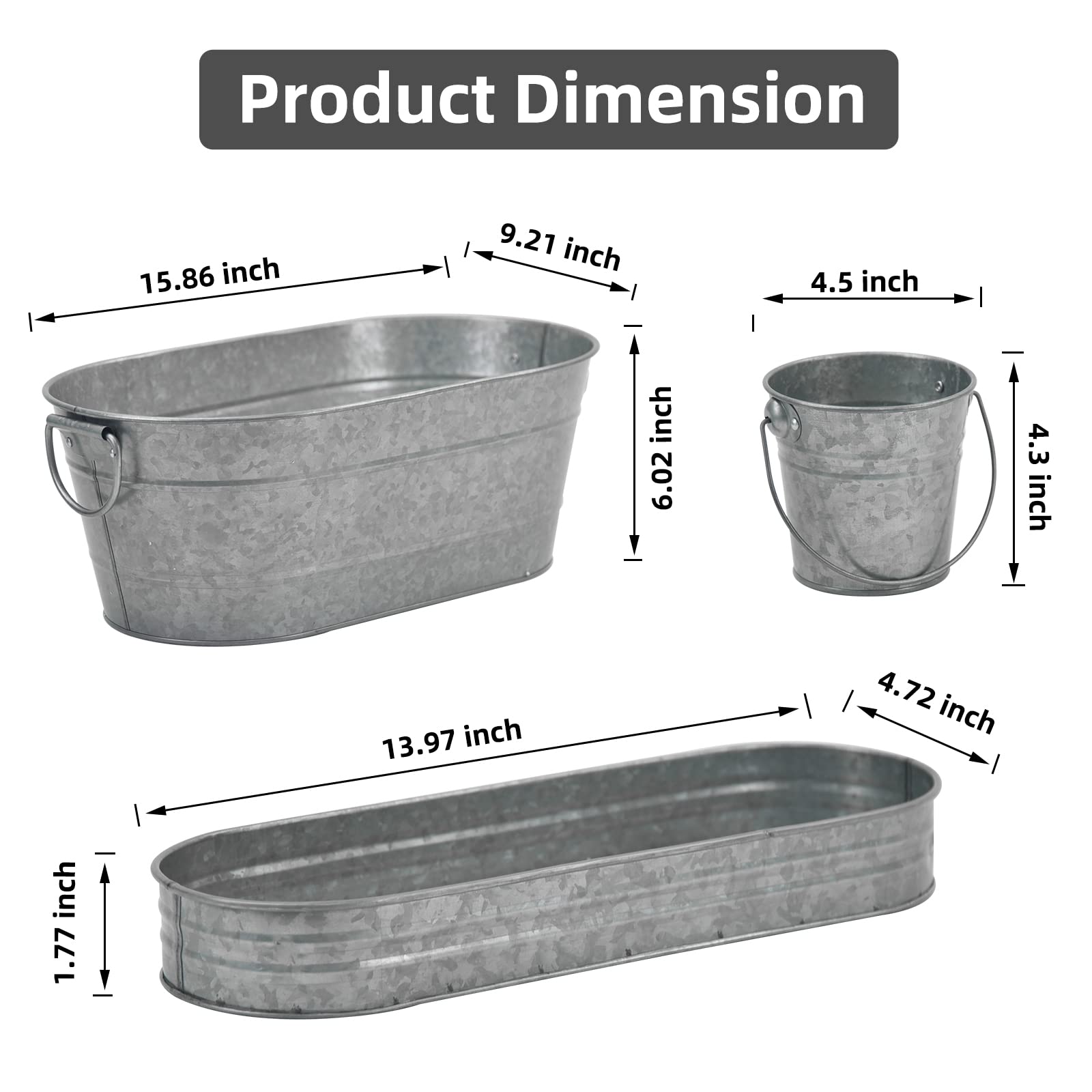 Oval Ice Bucket with 3 Serve Buckets Set-Condiments, Nuts, Ice Cream, Snacks, Galvanized Metal Drink Cooler Beverage Tub, Chill Wine & Beer, 2.4 for Home Parties Gallons, Galvanized