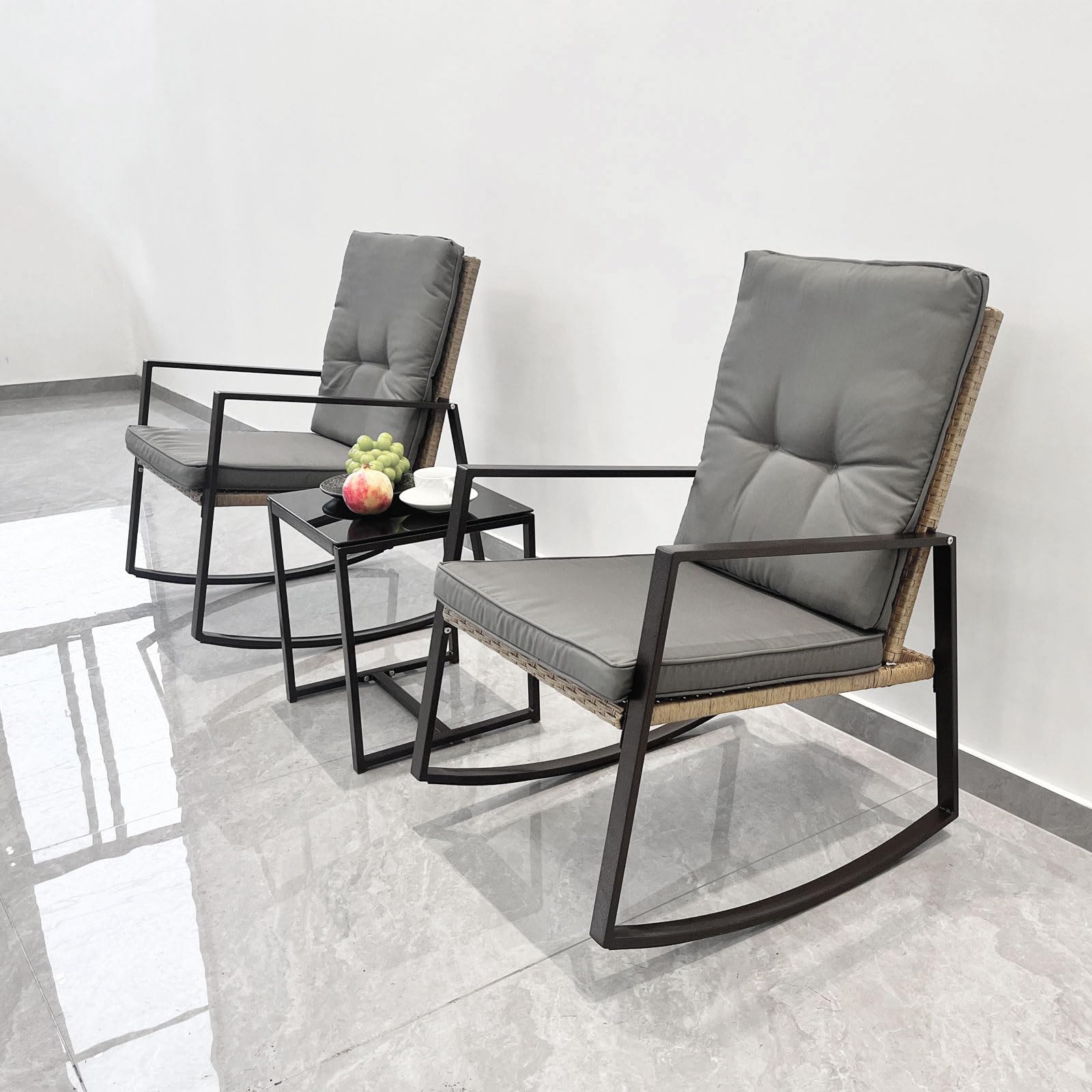 VSMKSJ 3 Pieces Patio Rocking Chairs Set of 2, Outdoor Wicker Patio Sets Conversation Coffee Table for Front Porch,Balcony,Garden,Poolside,Washable Cushion (Grey)