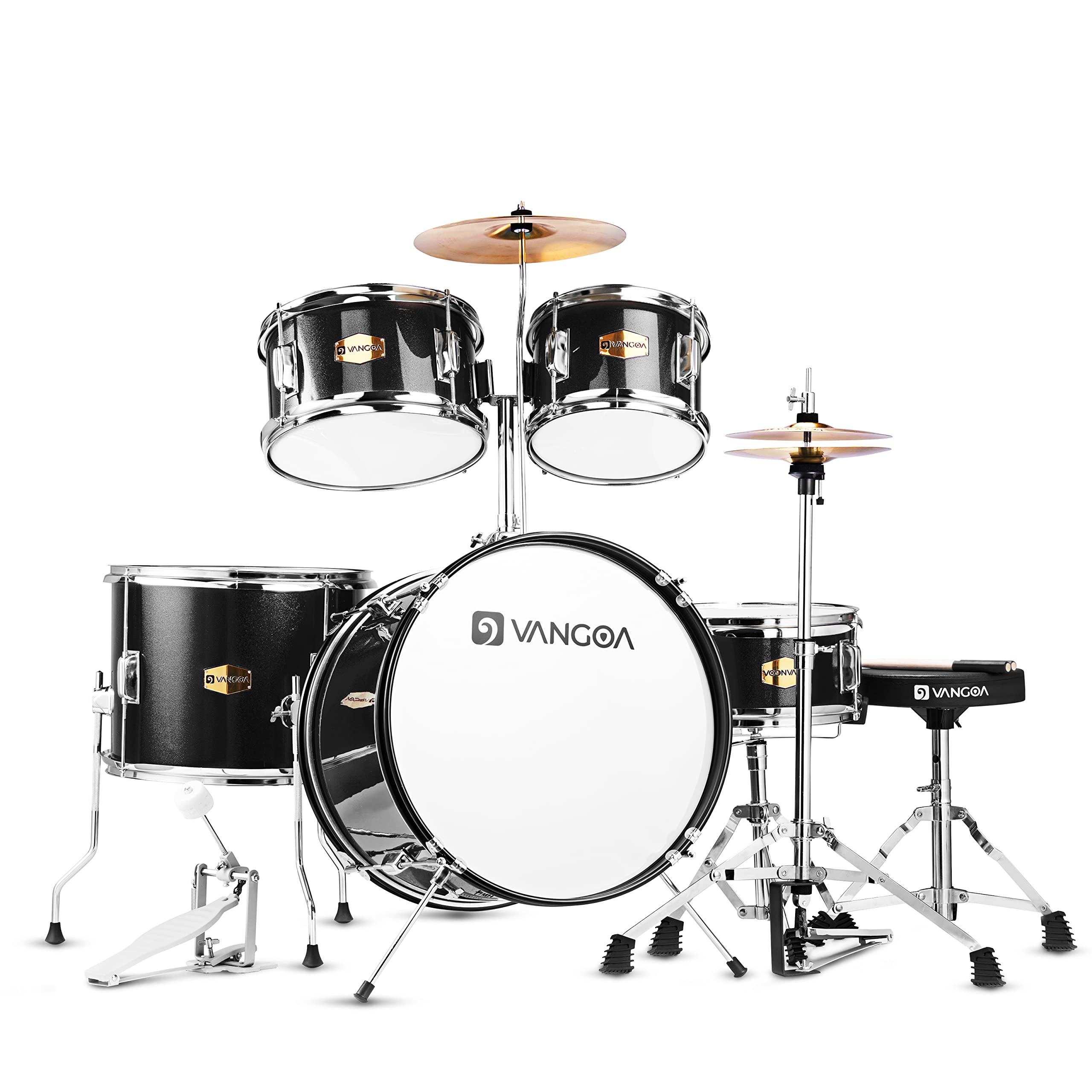 Kids Drum Set, 5 Piece Junior Drum Set for Beginner, 16 Inch Drum Set for Student Children Teens Starter Kits with Adjustable Throne Cymbal Pedal Drumsticks, Black, by Vangoa