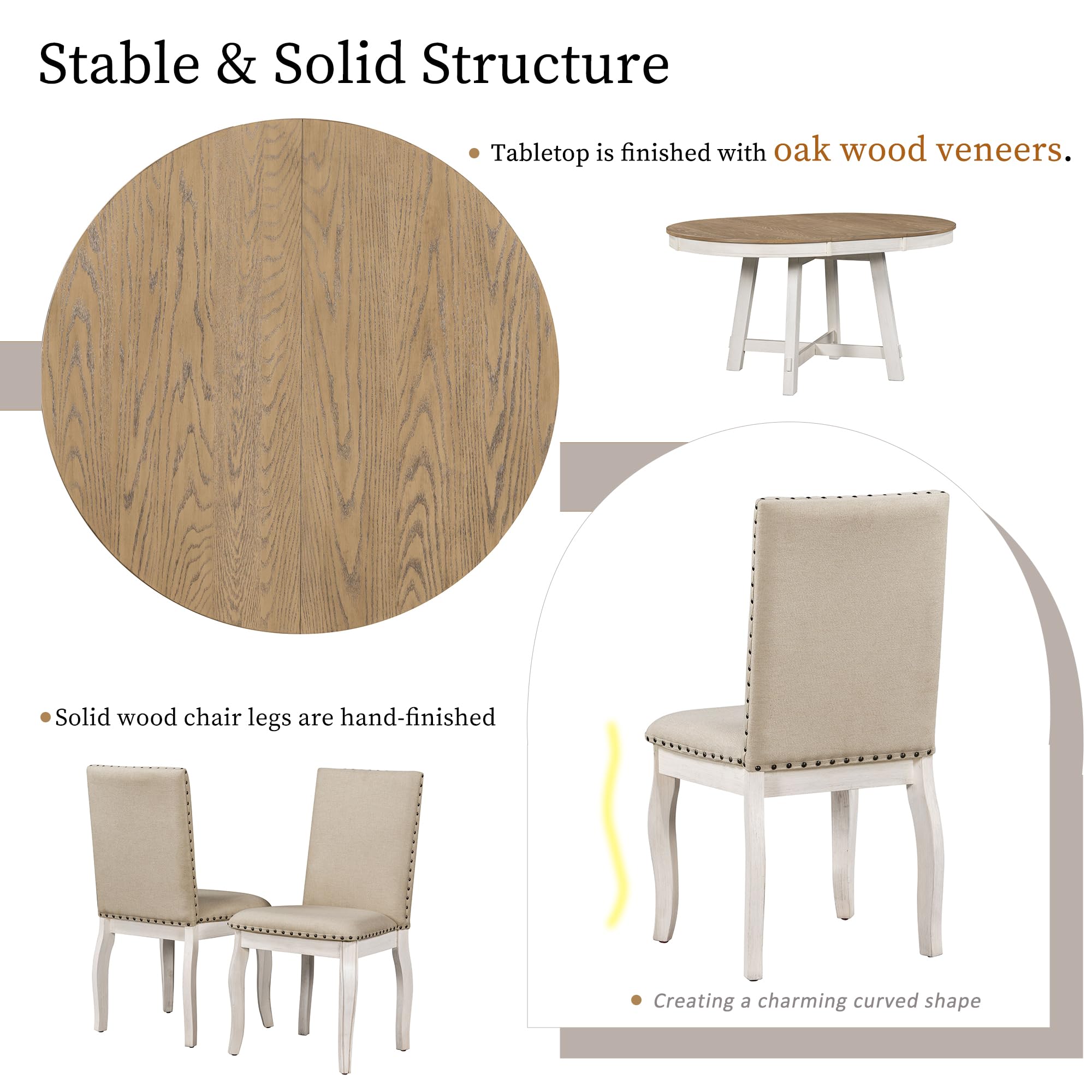 Harper & Bright Designs TREXM 5-Piece Farmhouse Dining Table Set Wood Round Extendable Dining Table and 4 Upholstered Dining Chairs (Oak Natural Wood + Antique White)