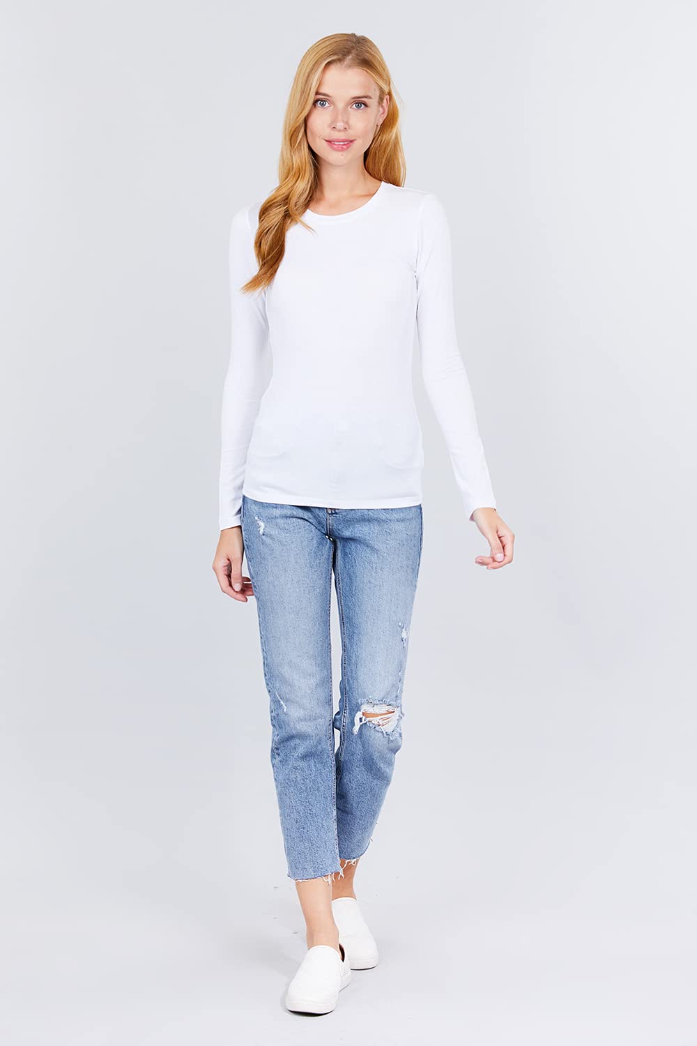 JYB CO Womens Basic Active Slim Fit Crew Neck Long Sleeve Top T-Shirt in White - XL