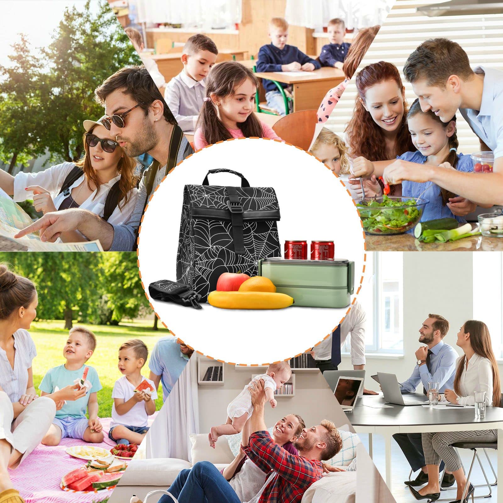 Lunch Bag Cooler Bag Thermal Insulated Men Women Travel School Work Spider Web Black Portable Beach Shoulder Strap