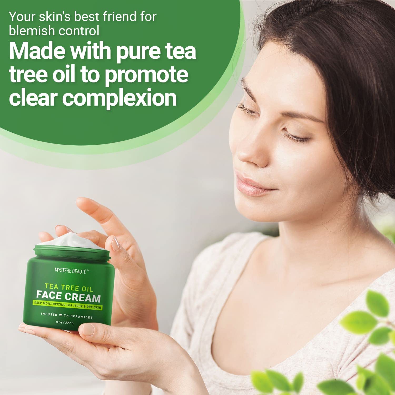MYSTÉRE BEAUTÉ Tea tree Oil Face Cream Infused with Therapeutic Essential Oils and Vitamin C, Boosts Complexion, Lightens Look of Scars, Soothes Acne, Visibly Reduces Wrinkles - 8 oz
