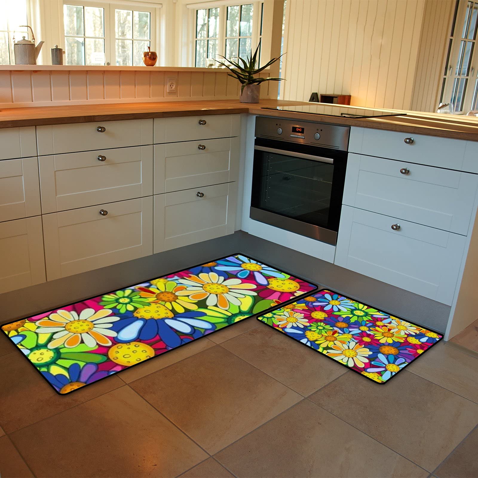 Kitchen Rugs and Mats Set of 2 Pieces Anti Fatigue Standing Mat Floral Colorful Vivid Non Slip Washable Comfort Flooring Carpet Runner for Kitchen Home