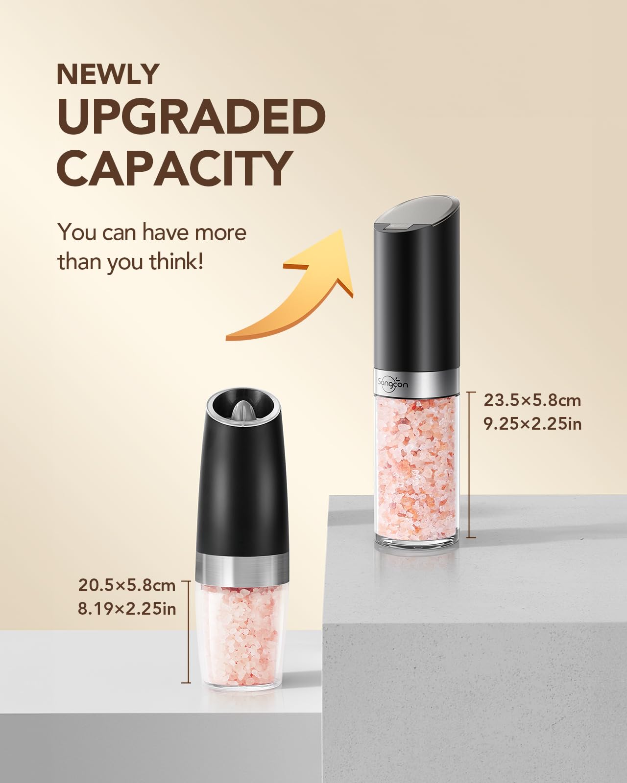 Sangcon Gravity Electric Salt and Pepper Grinder Set, Battery Salt and Pepper Mill Set with Dust Cover, 8 Oz Large Capacity Automatic Pepper Shaker with Light,Adjustable Coarseness, 2 Pack (Black)