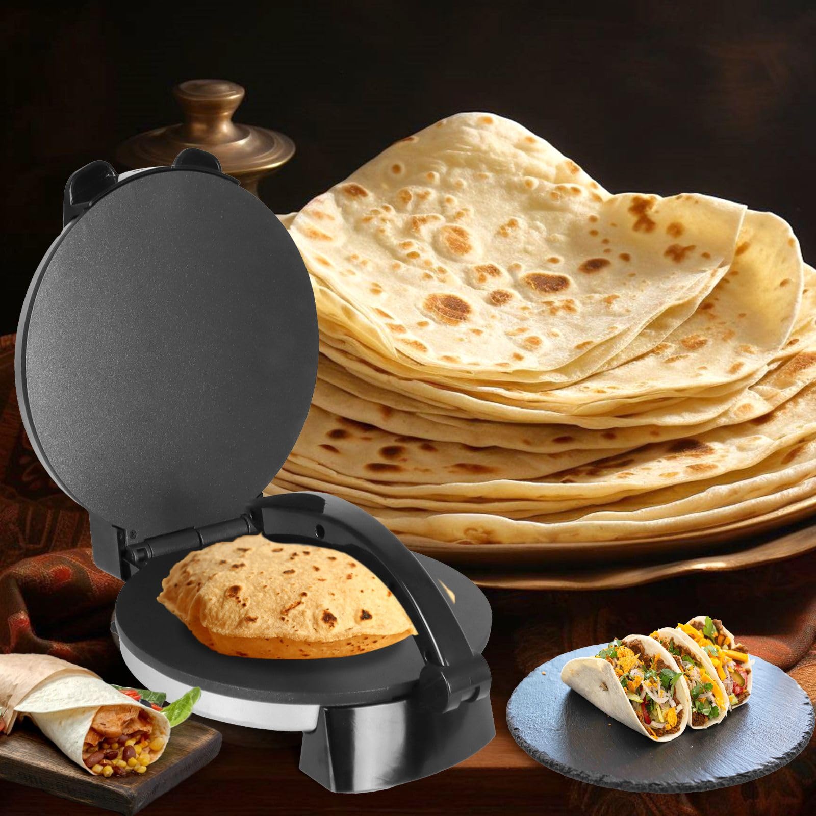 Roti Maker Machine 10" Stainless Steel Non-Stick Electric Tortilla Maker to make Indian style Chapati, Roti, Flatbread.