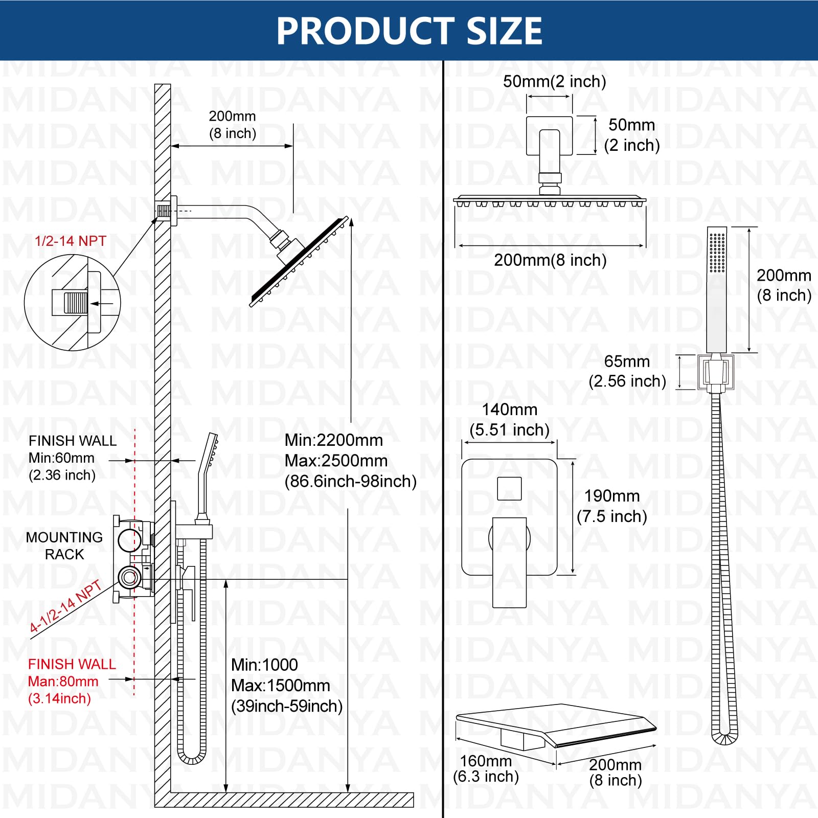 Midanya Rain Shower System Tub Shower Faucet Set Square Rainfall Shower Head with Handheld Sprayer and Waterfall Tub Spout Rough-in Valve Shower Mixer Combo,8 Inch Matte Black