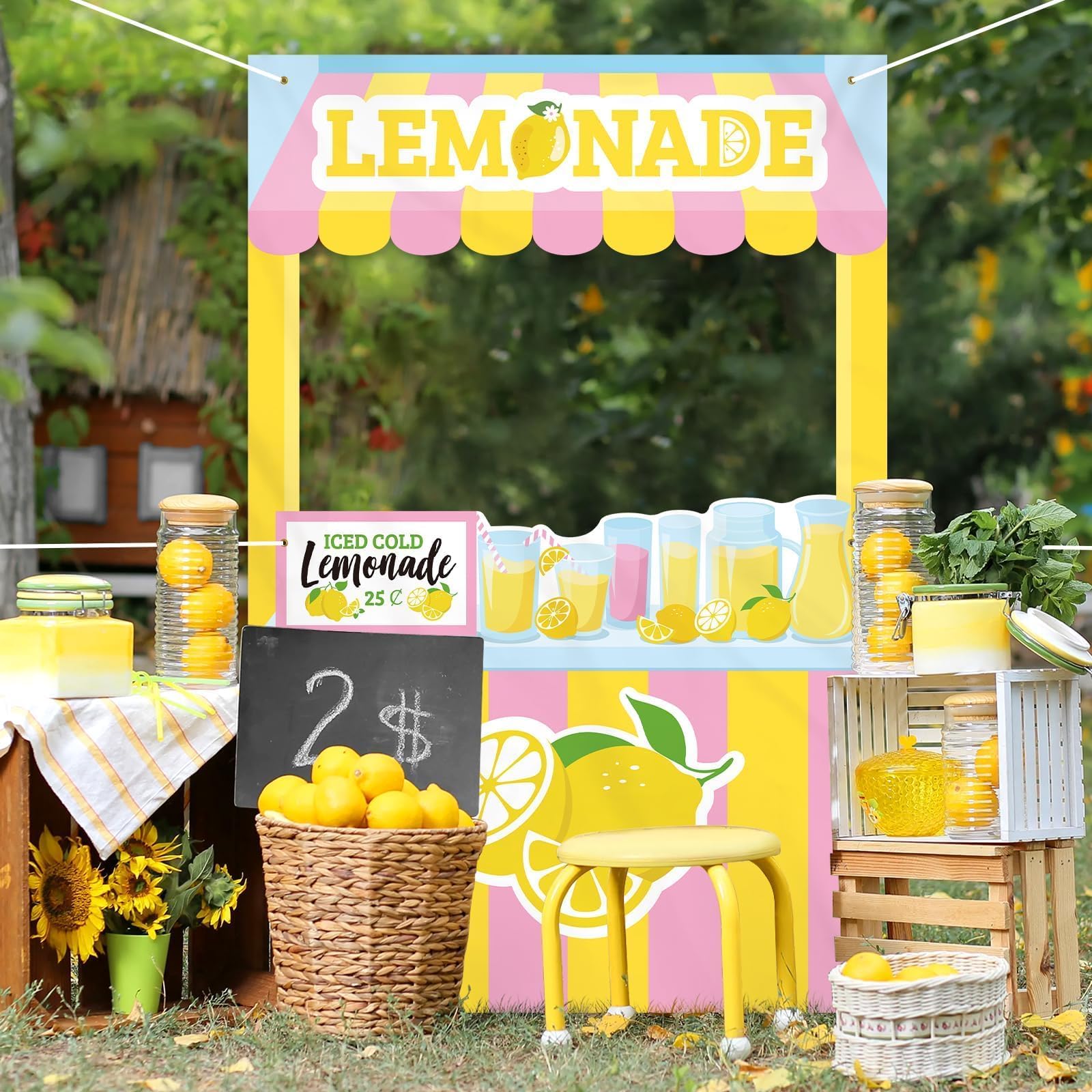 Vansolinne Lemon Party Supplies Lemonade Stand Backdrop Banner Lemon Photo Booth Props Decorations Fabric Selfie Frame Prop for Summer Birthday Bridal Baby Shower Supplies