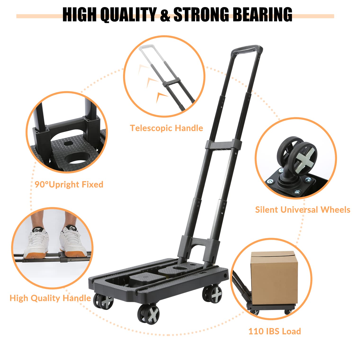 Poofzy Portable Folding Hand Truck Dolly Cart 110 Ibs Load with 4 Rotate Silent Wheels, 90° Fixed & Telescopic Collapsible Handle for Luggage Travel Moving