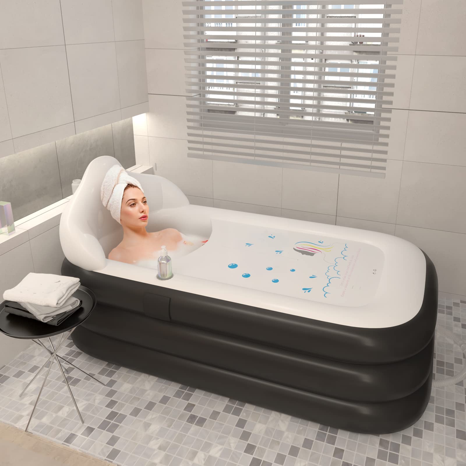 Inflatable Portable Bathtub-Family SPA Freestanding Bathtub with Bath Pillow-Inflatable Bathtub With Neck and Back Support-Suitable For Cold Plunge Tub-Training Tub-Ice Bath & Hot Bath,63''X35''(Grey)