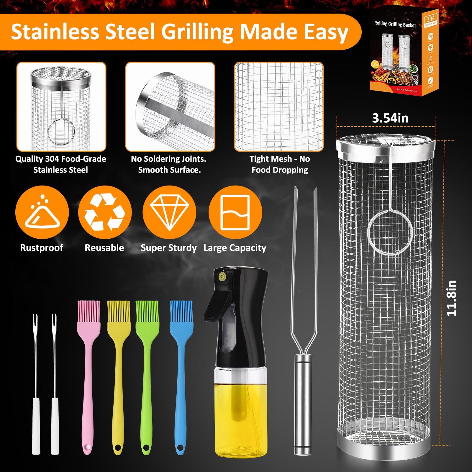 Grill Basket 2 PCS, BBQ Grill Basket, Rolling Grilling Basket, Stainless Steel Grill Mesh Barbeque Grill Accessories, Portable Grill Baskets for Outdoor Grill for Fish, Shrimp, Meat, Vegetables, Fries
