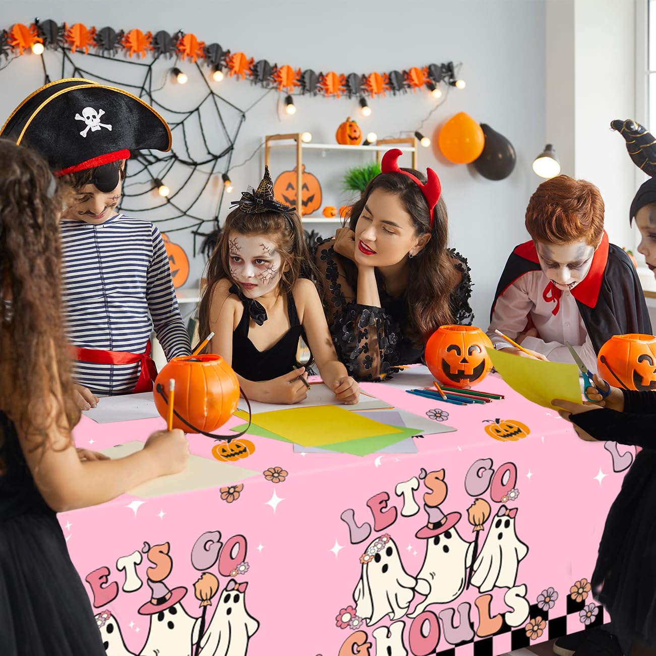 Pink Halloween Decorations Halloween Tablecloth Cute Ghost Let’s go Ghouls Pumpkin Table Cover for Halloween Party Spooky Theme Disposable Plastic Table Cloth for Halloweens Table Decor