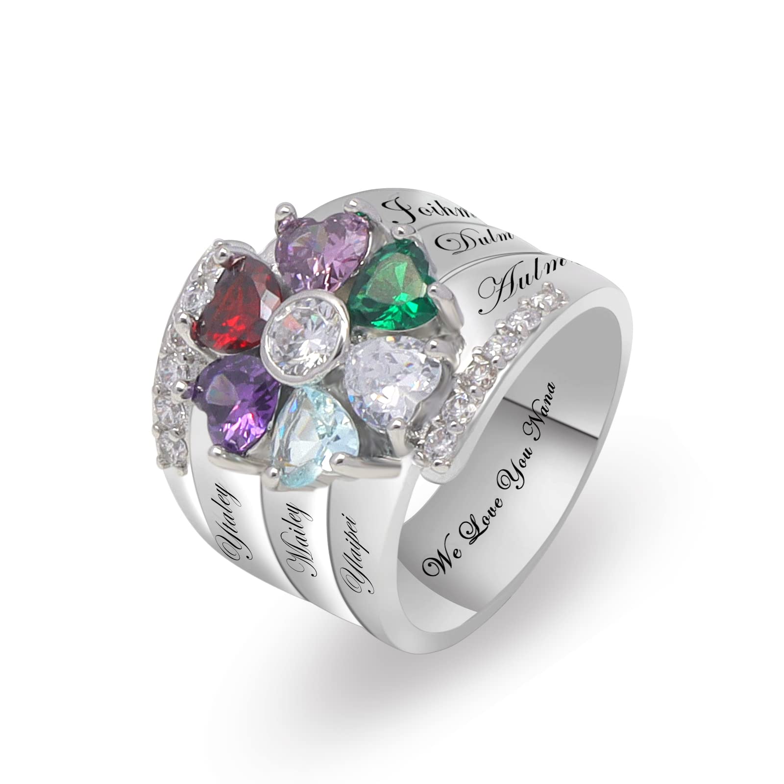 Laleonpame Mothers Ring Personalized Birthstones and Names Family Ring with 6 Heart Simulated Stone from Daughter Son