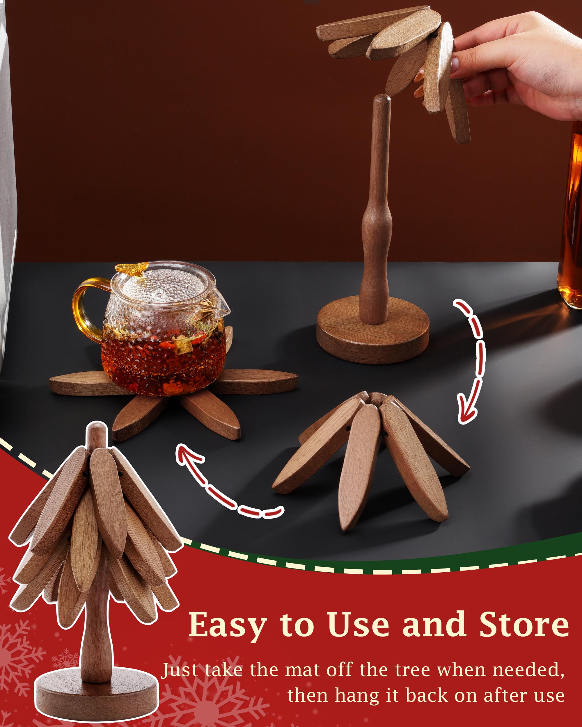 Wooden Tree Coasters with Holder, Wooden Trivets for Hot Dishes Decorative Christmas Tree Shape Includes 3 Pcs Hot Plate Mats, Tree Trivets for Hot Pots and Pans, Hot Pads for Countertop, Sapele