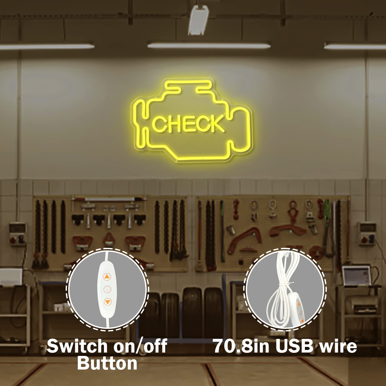 JianJung Check Engine Light Neon Sign Check LED Sign Dimmable Neon Light Up Sign for Man Cave Bedroom Garage Room Auto Repair Shop Studio Neon Wall Sign Decor Gifts for Men
