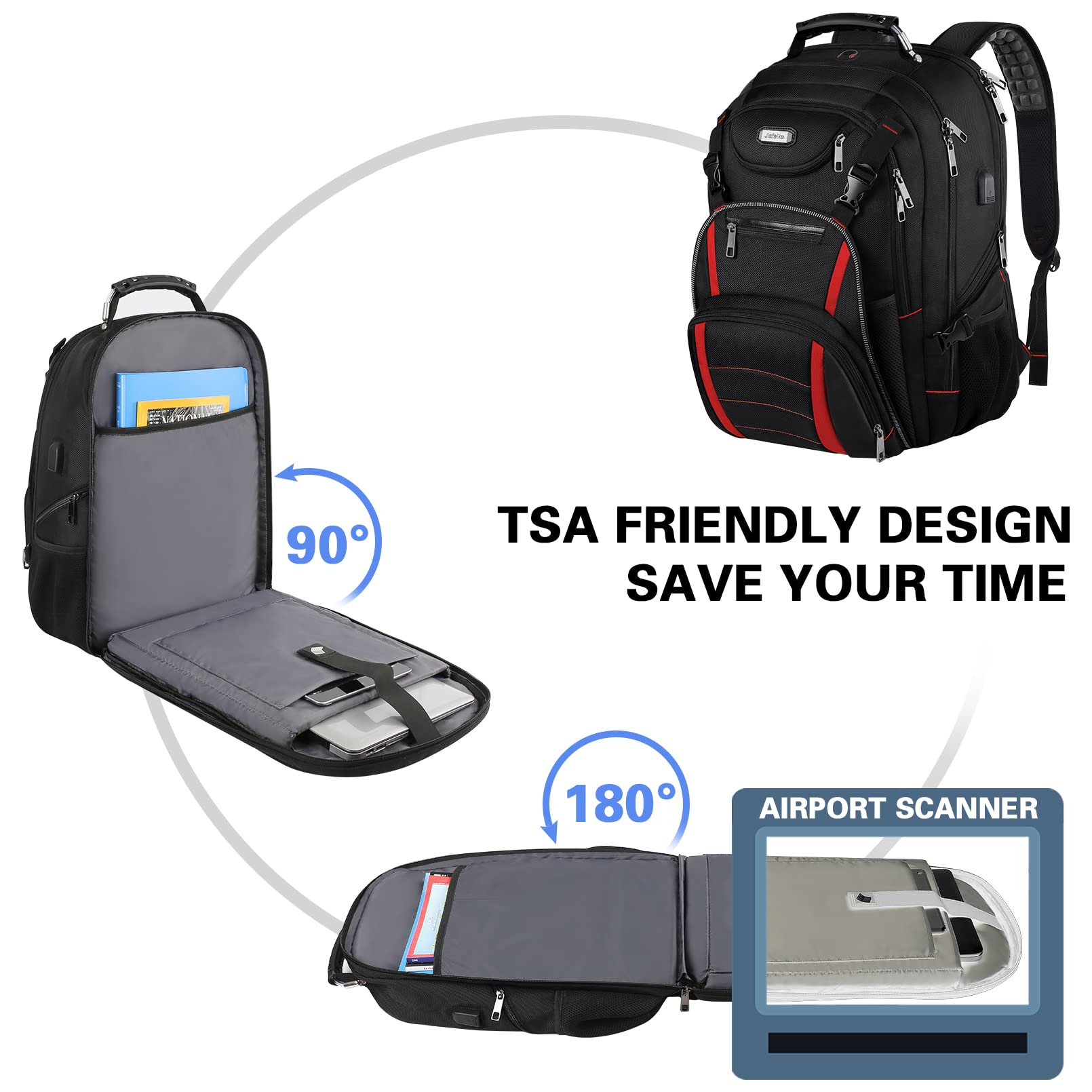 Jiefeike Travel Laptop Backpack, Extra Large Bookbag for Men School College Student Women,Basketball Backpack Fits 17 Inch Computer Notebook with USB Charging Port RFID Anti Theft TSA Approved