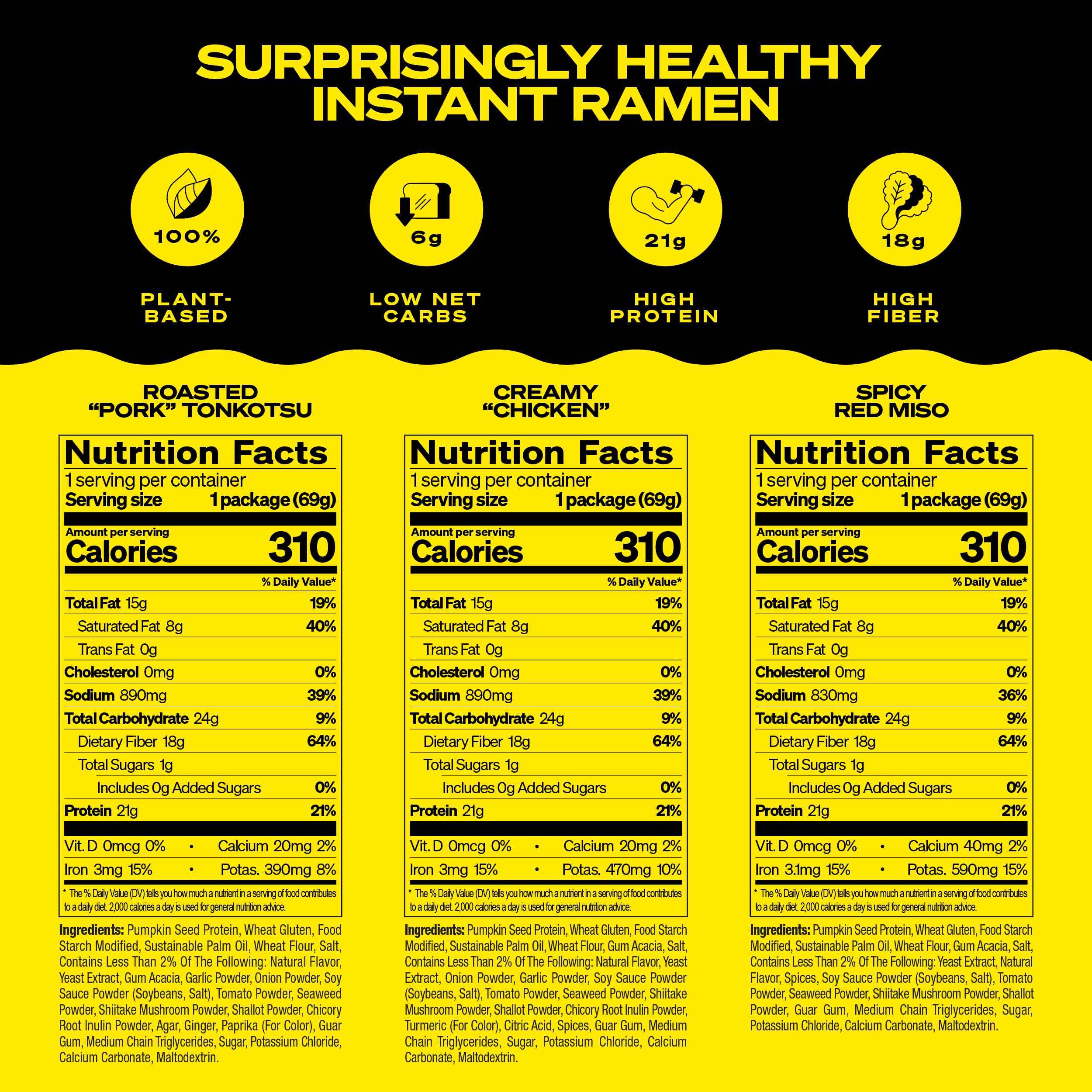immi Variety Pack Ramen, Creamy "Chicken", Spicy Red Miso, Roasted "Pork" Tonkotsu, 100% Plant Based, Keto Friendly, High Protein, Low Carb, Packaged Noodle Meal Kit, Ready to Eat, 6 Pack