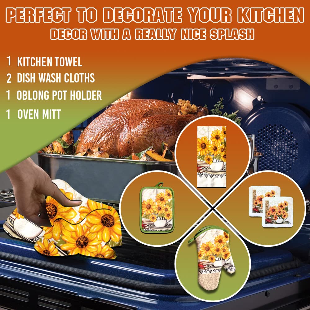 Lobyn Value Packs Decorative and Lightweight Printed Themed Kitchen Linen Towel Sets Perfect for Home Decor (5 Piece, Sunflower)