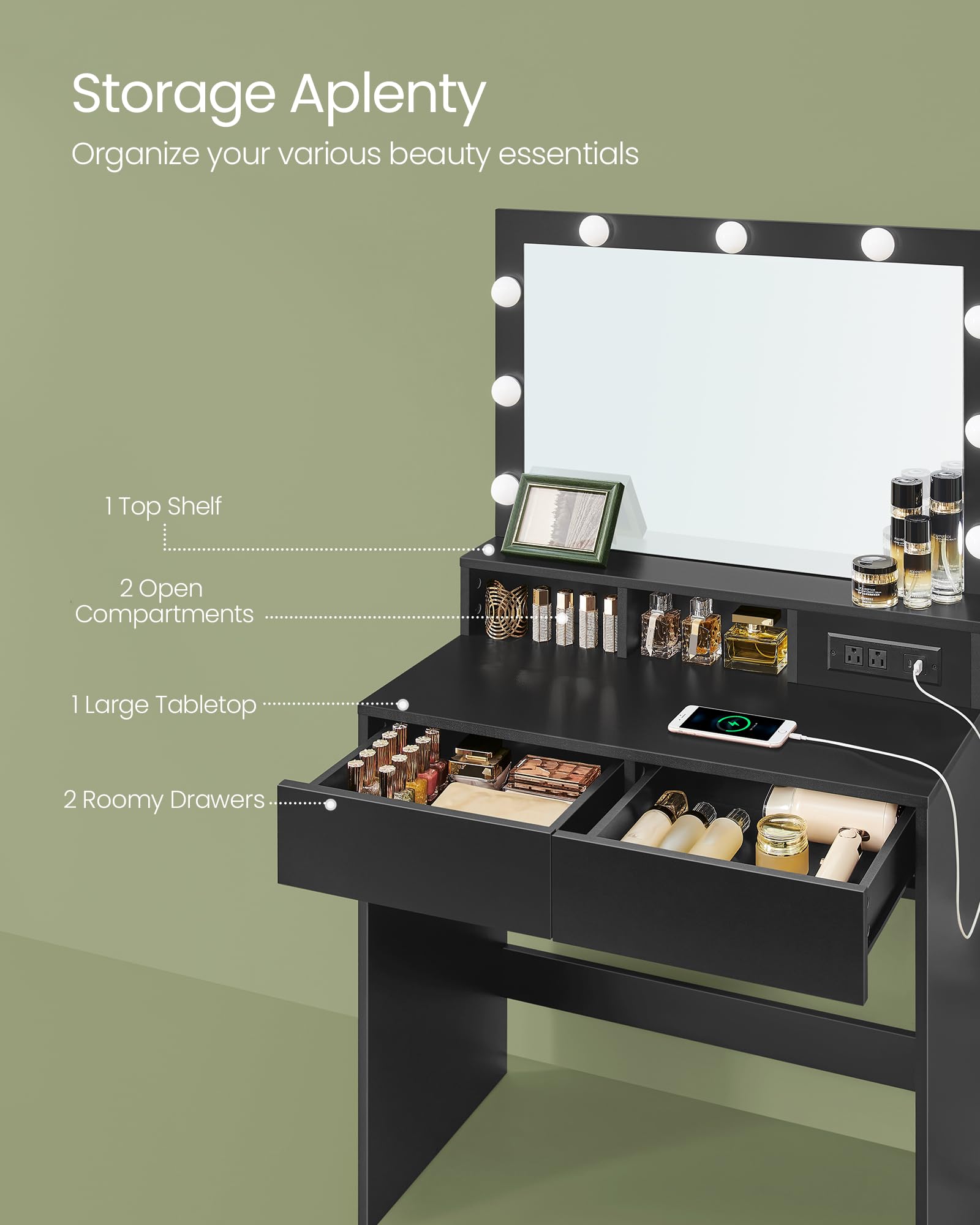 VASAGLE Vanity Desk with Power Outlets, Makeup Vanity with Mirror and Lights, with Upholstered Vanity Stool, 9 Dimmable LED Lights, 2 Compartments, 2 Drawers, for Bedroom, Ink Black URDT029B01