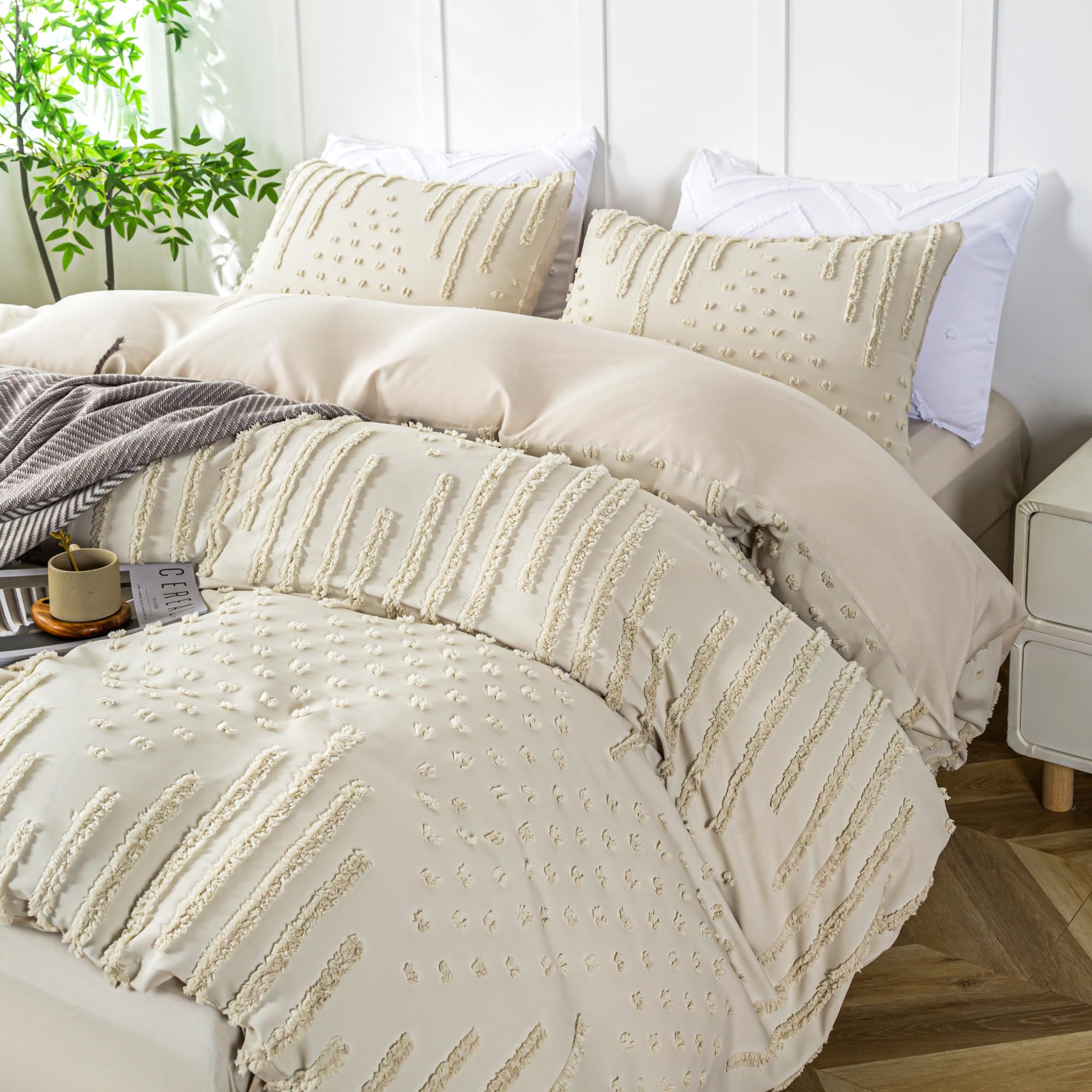 Sophia Willam Duvet Cover Queen Size Boho Cream/Beige, Queen Bedding All Season Comforter Cover, 3 Pieces Embroidery Shabby Chic Bedding, 1 Duvet Cover with 2 Pillow Shams(Cream/Beige, Queen, 88×92)