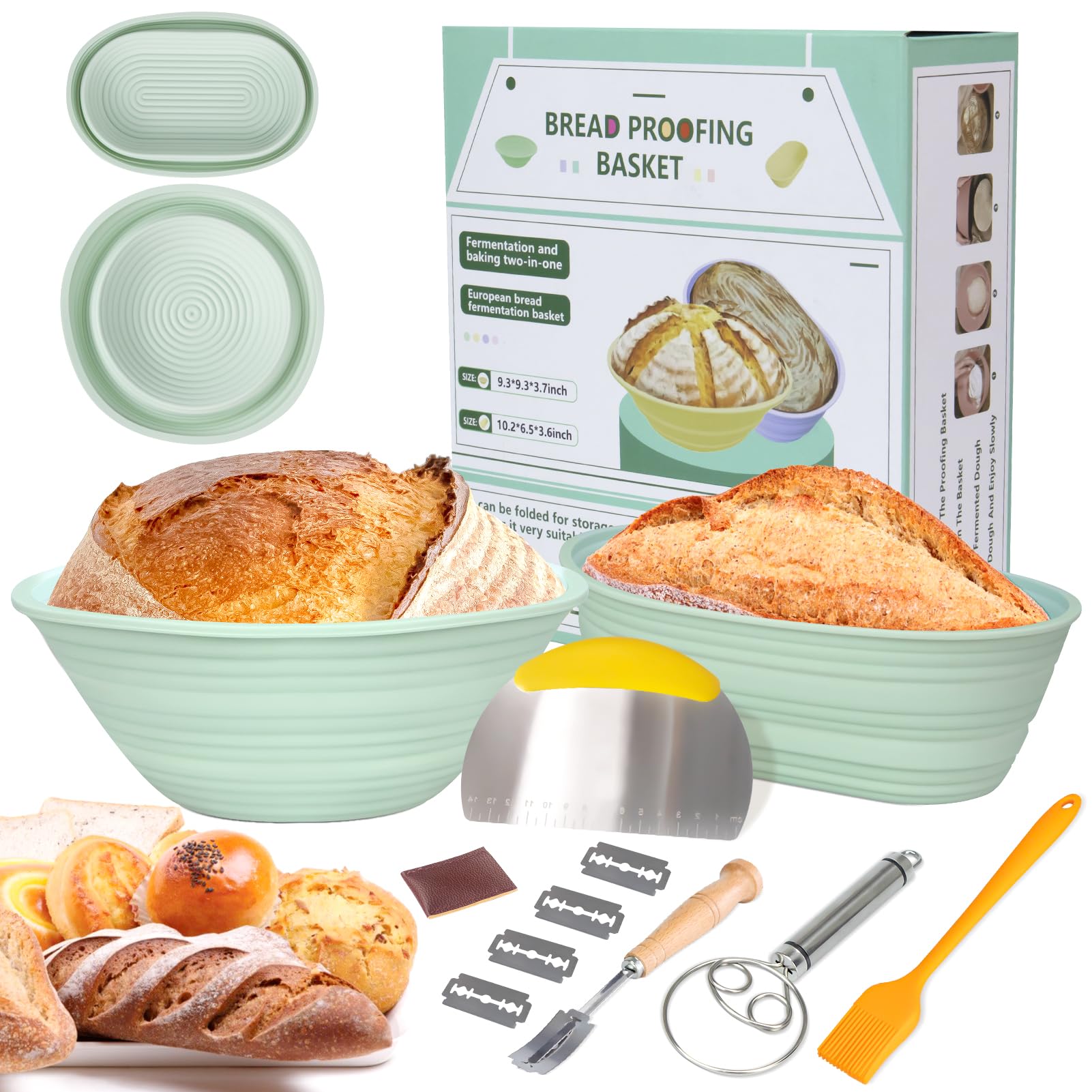 Neddie Silicone Banneton Bread Proofing Baskets, 9 Inch Round & 10 Inch Oval Foldable Sourdough Baking Basket, Complete Set for Bread Making With Essential Tools, Easy to Clean and Storage (Green)