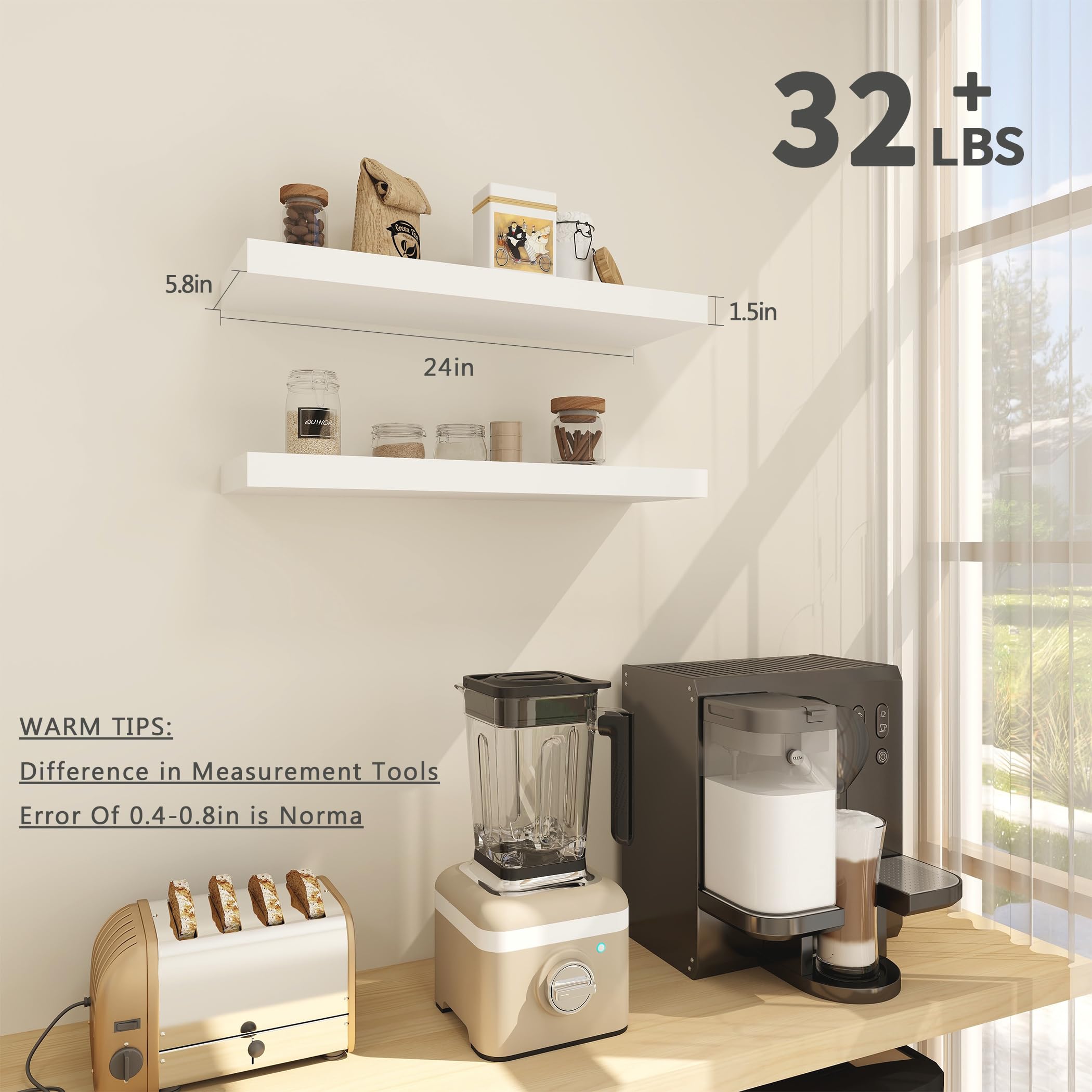 Vervida® Floating Shelves for Wall 2 Pack 24" W x 7.9" D White Floating Wall Shelves for Bedroom Storage, Kitchen, Living Room, Bathroom Hanging Shelves with Invisible Brackets Wall Shelves