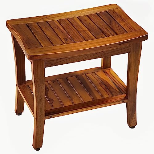 Rose Home Fashion Teak Shower Bench, Teak Shower Stool with Storage Shelf, 20" Waterproof Shower Chair for Bathroom, Portable Wooden Spa Bath Seat, Indoor and Outdoor Use, Shower Bench for Elderly