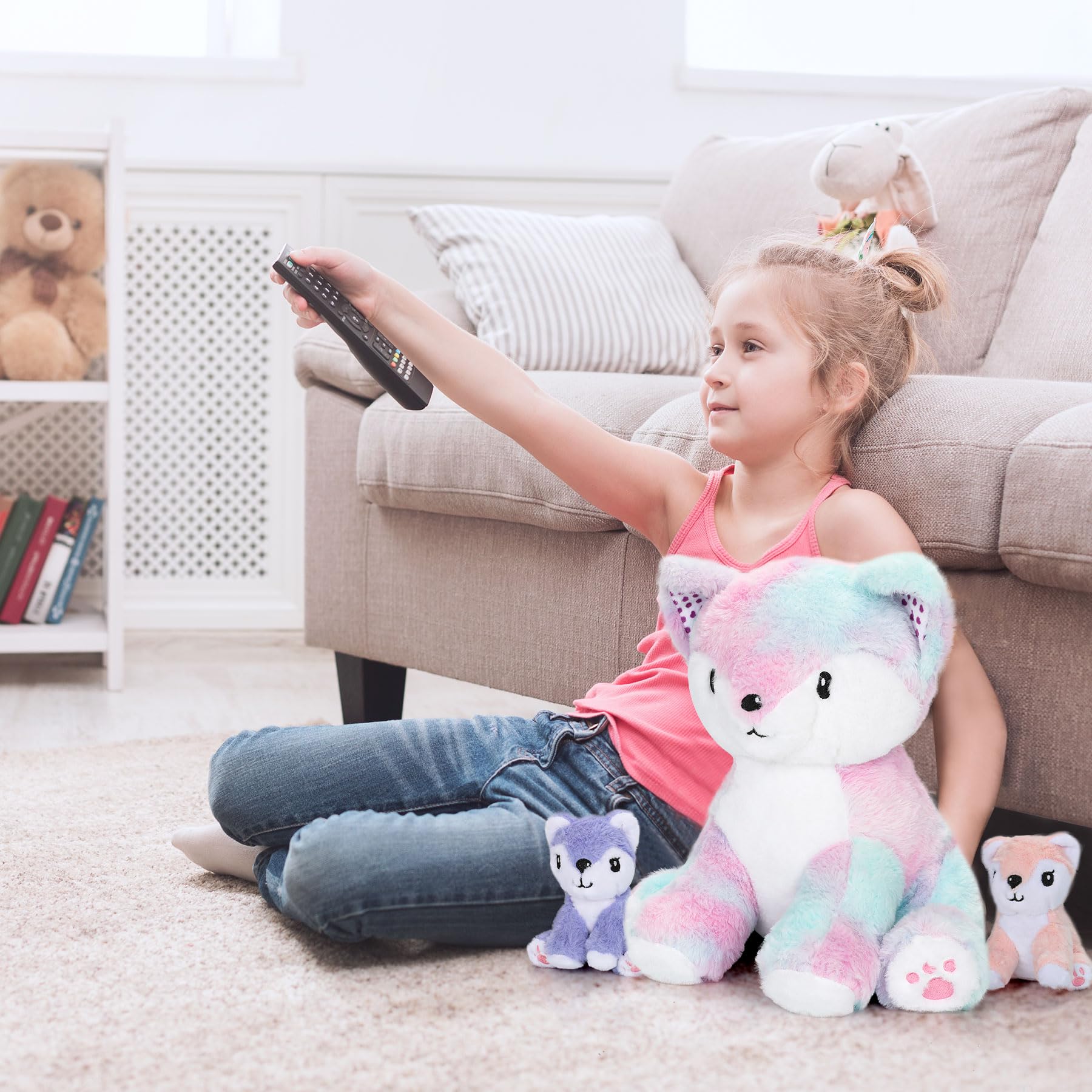 Pegmapri Rainbow Fox Stuffed Animals, Mommy Fox Plush with 4pcs Cute Baby Fox Plushie Set for Boys Girls