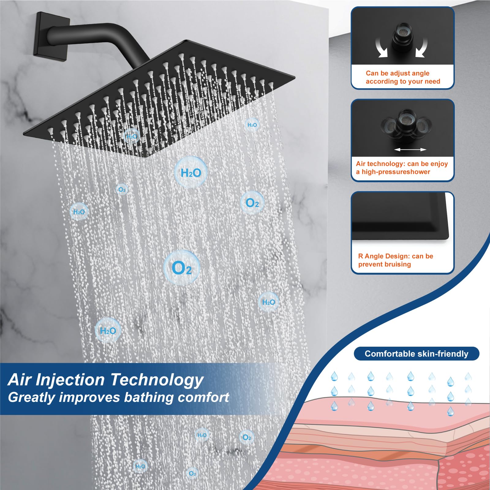 Midanya Rain Shower System Tub Shower Faucet Set Square Rainfall Shower Head with Handheld Sprayer and Waterfall Tub Spout Rough-in Valve Shower Mixer Combo,8 Inch Matte Black