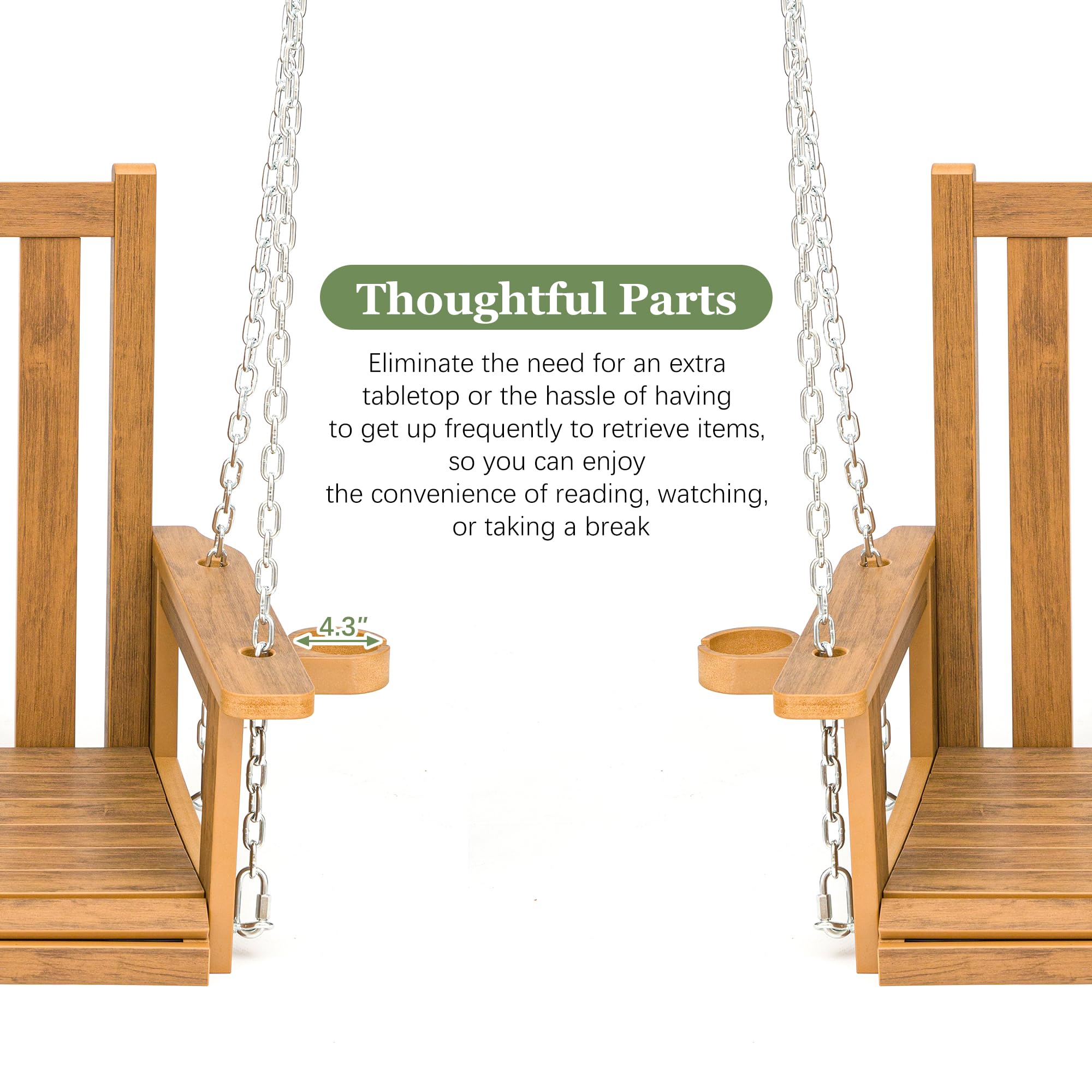 Poly Lumber Porch Swing with Cup Holders, 18/8 Stainless Steel Hanging Chains and Hardware, High Backrest and Deep Contoured Seat, Heavy Duty 900 LBS, All-Weather Resistant Bench Swing (Brown)