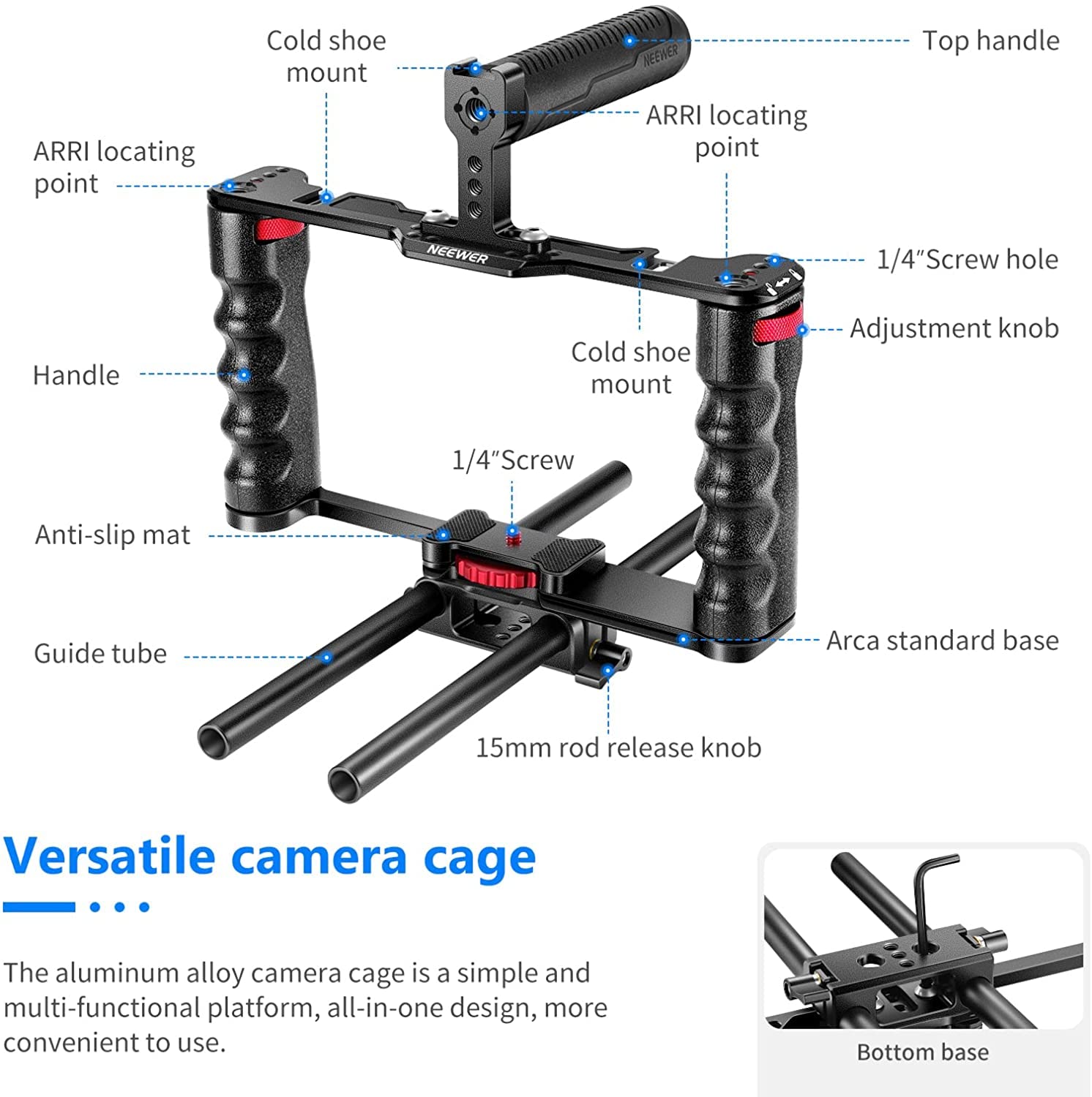 NEEWER Aluminum Alloy Camera Cage, Filmmaking Rig with Top Handle, Dual Grips, Standard Arca Type Base, Compatible with Sony A7S III A7IV A6600 Canon EOS R5C R5 R6 DSLR/Mirrorless Cameras - VS107