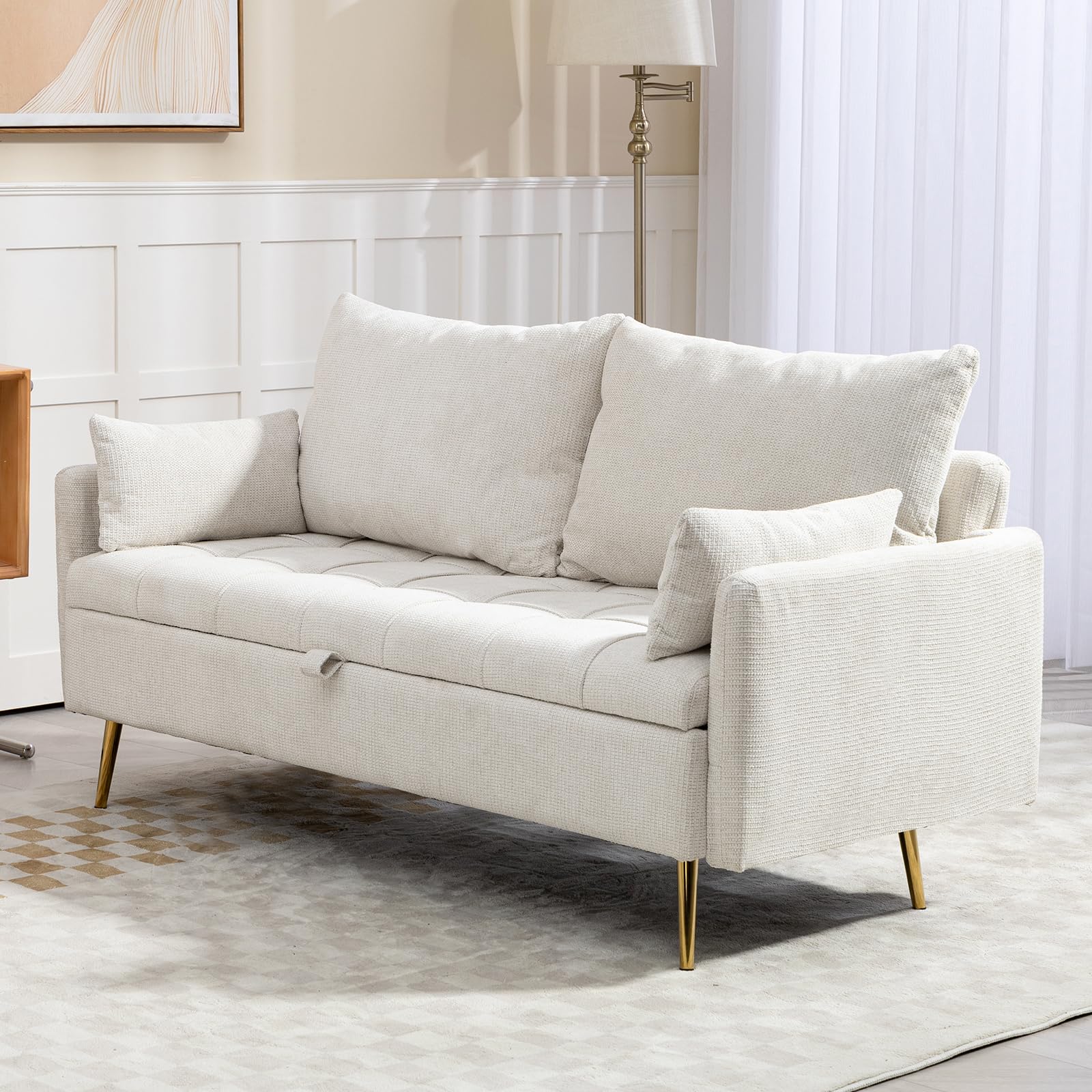 RIHEREFY 60'' Loveseat Sofa Couch with Storage, Modern Loveseat Couch with 4 Pillows & Metal Legs, 2 Seater Sofa with USB & Type C for Living Room,Bedroom, Apartment(Beige
