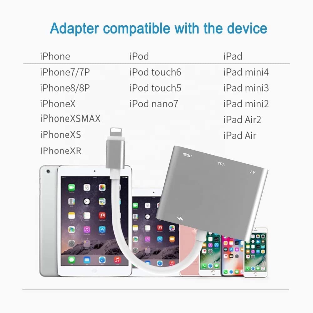NAKVMN Lightning to HDMI VGA Audio Multiport Adapter Cable for iOS Compatible with Iphone7/7p/6/6s/6p/ Ipad Mini/Pro/Air iPod, Aluminium (Sliver)