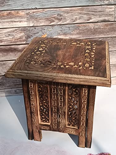 SUNDERSHALA Antique Wooden Square Shape for Adults Hand Carving Foldable Coffee Stool Indoor and Outdoor, Garden Patio Backyard (Brown, 12.76 x 12.68 x 5.55 inches)