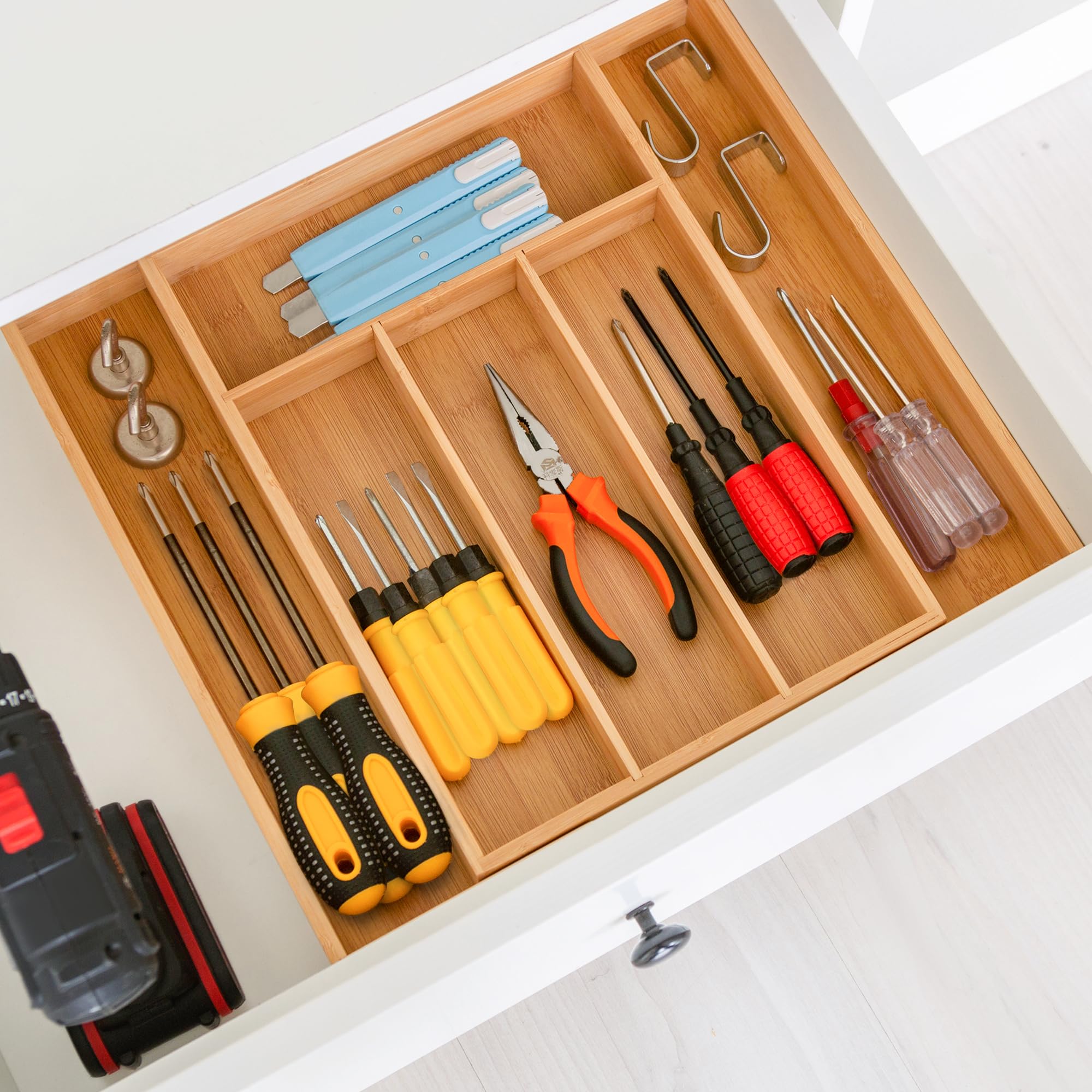 JS HOME Bamboo Expandable Drawer Organizer for Utensils Holder, Adjustable Silverware Organizer and Cutlery Tray, Wood Drawer Dividers Organizer for Silverware, Flatware, Knives in Kitchen