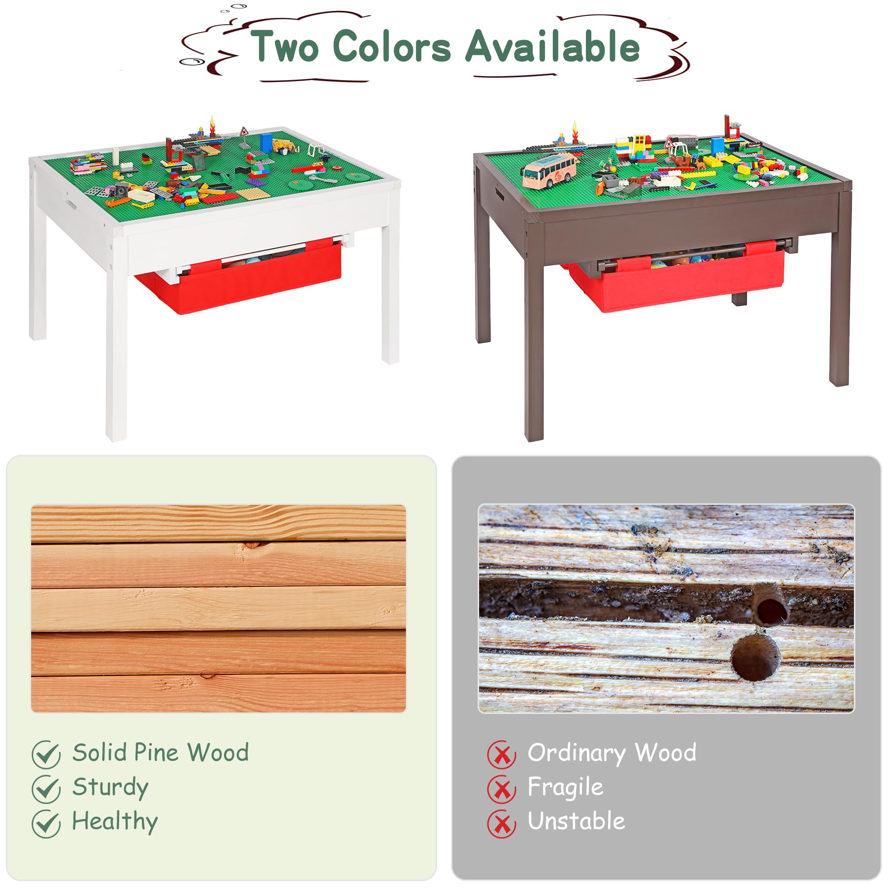 RedSwing 2 in 1 Kids Activity Table with Storage Drawers, Wooden Construction Play Table with Detachable Blocks and Blackboard Tabletop,Compatible with Lego and Duplo Bricks,Grey