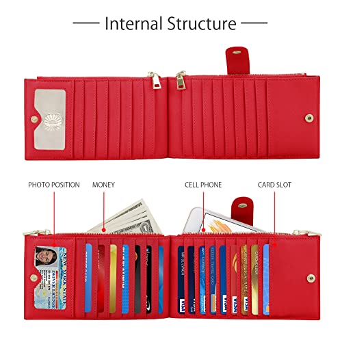 LOKNGXU Wallet for Women RFID Blocking Large Capacity Multi Card Bifold Wallet with Zipper Pocket (Red)