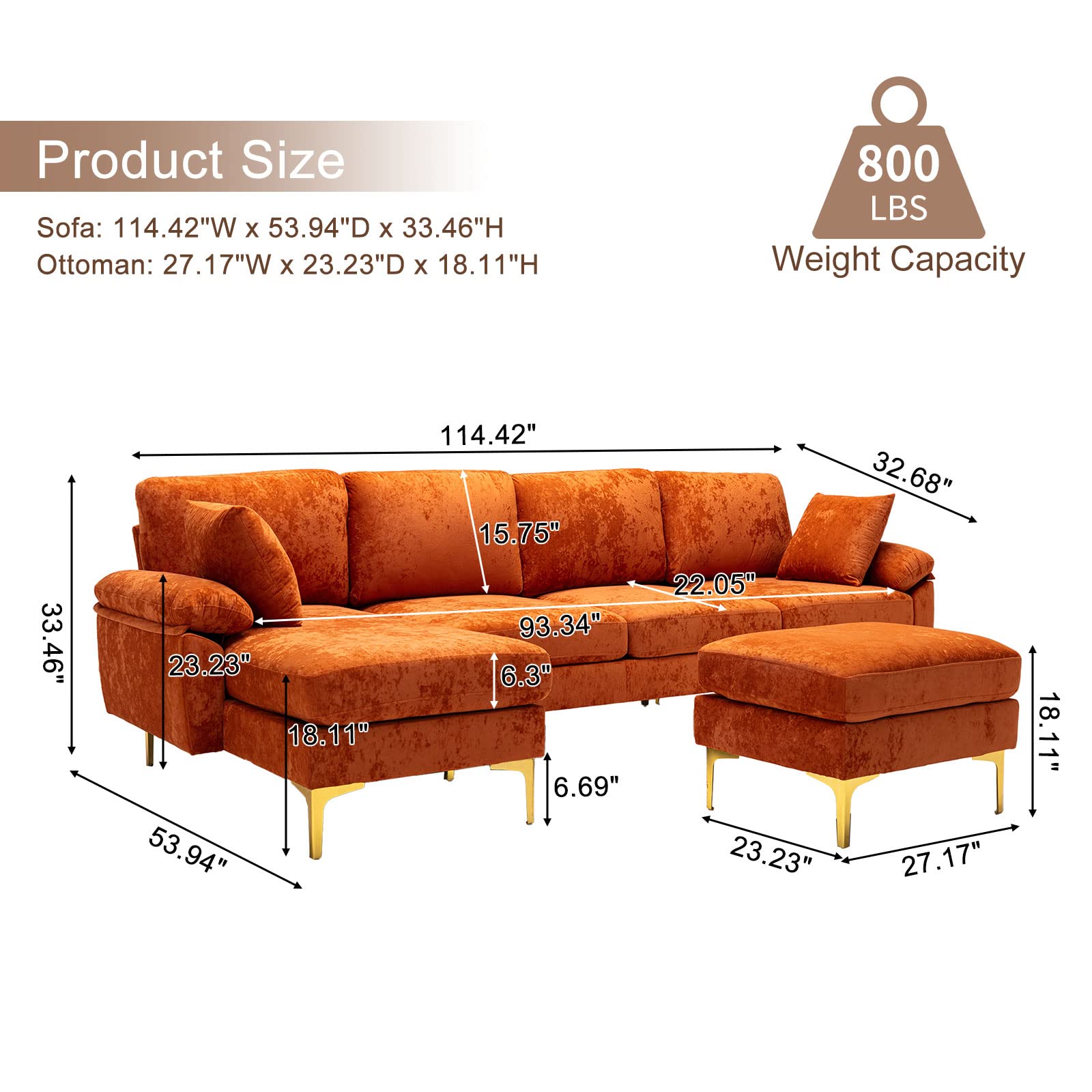 KIVENJAJA U-Shaped Sectional Sofa Couch, Modern Velvet L-Shaped Couch Set with Chaise Lounge, Ottoman and Pillows for Living Room Office Apartment, 114 inches (Orange)