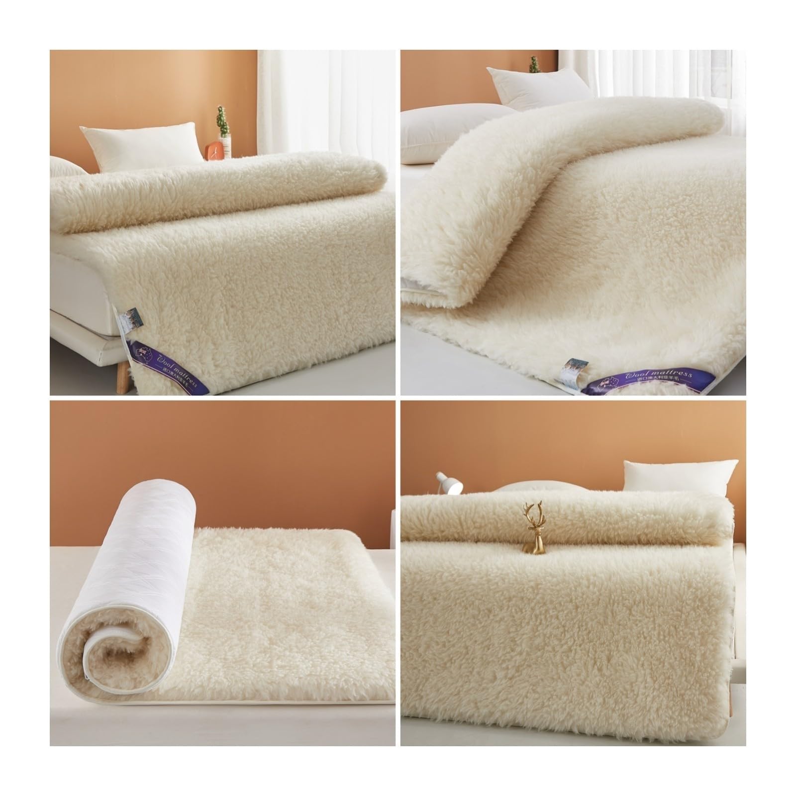 Wool Fleece Fitted Mattress Cover Pad with Straps - Breathable Lamb Folding Wool Mattress Protector Pure Wool Bed Topper Pure White Mattress(59 * 79")