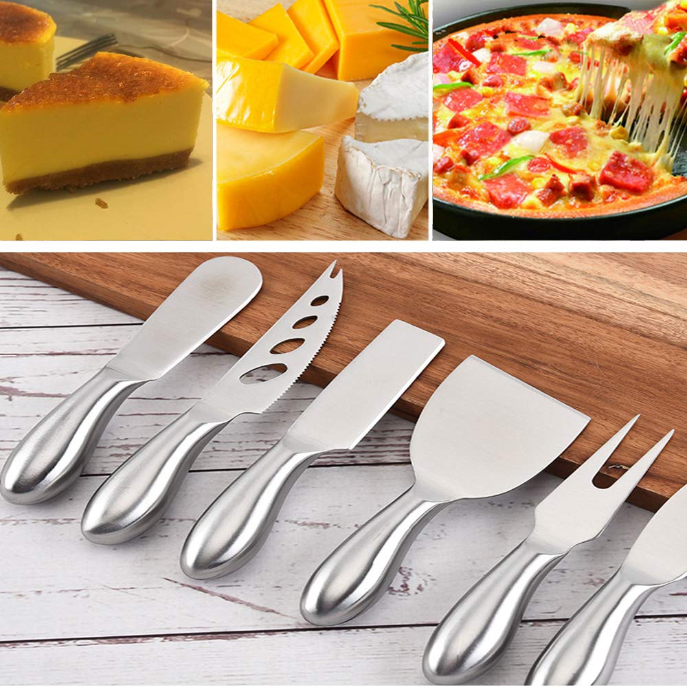 LGUIY Cheese Knives, 6-Piece Cheese Knife Set Stainless Steel Cheese Knife with Exquisite Box Cheese Slicer Cutters Fork for Pizza Cake Cheese Butter - Gift Ready