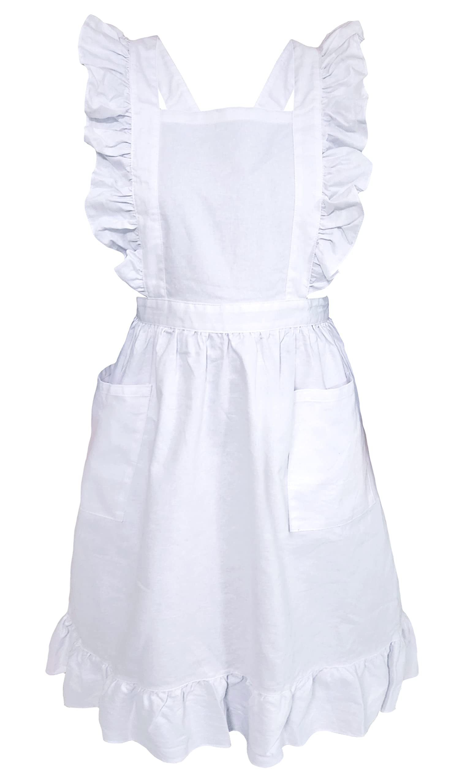 LilMents Long Maxi Cotton Ruffle Apron with Pockets, Small to Plus Size Ladies (White)