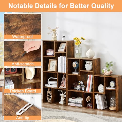VECELO Wide 8-Cube Wood Organizer Bookcase Sets, Fits Tallest Hardcovers, 3-Tier Customized Storage Display Shelf, Free Standing for Living Room, Bedroom, Kids Room, Office, Brown
