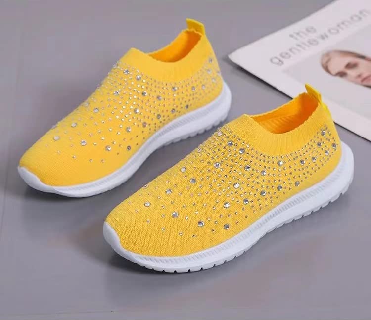 IMPREMEY Women's Sparkle and Shine Rhinestone Glitter Slip-on Mesh Walking Shoe with Non-Slip Sole Yellow