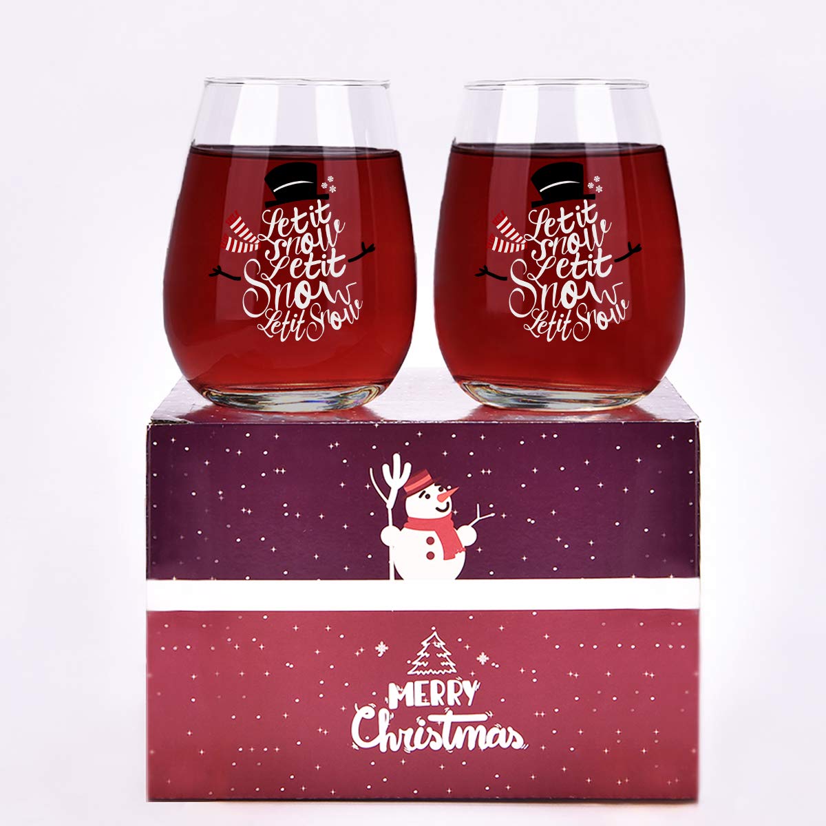 Let It Snow Christmas Wine Glass, 15 Oz Funny Stemless Wine Glasses for Women Friends Men, Gift Idea for Christmas Wedding Party, Set of 2