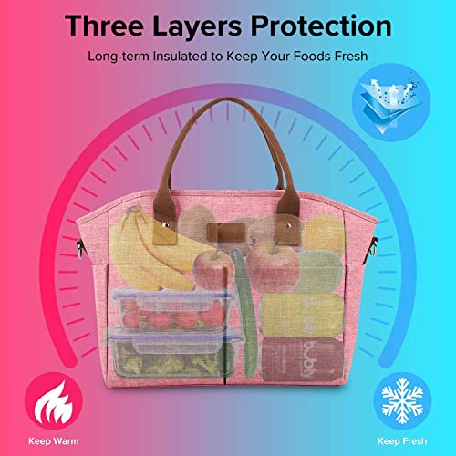 Lunch Bags for Women Insulated Thermal Lunch Tote Bag with Shoulder Strap Upgrade Large Lunch Box Container Drinks Holder for Adults Men Work College Picnic Beach Park, Pink