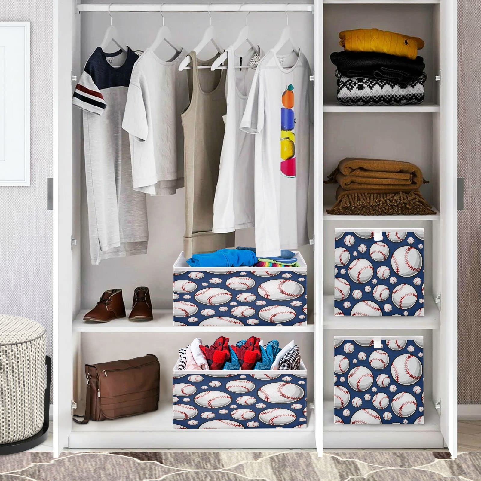 Kigai Baseball Pattern Cube Storage Bins - 11x11x11 in Large Foldable Cubes Organizer Storage Basket for Home Office, Nursery, Shelf, Closet
